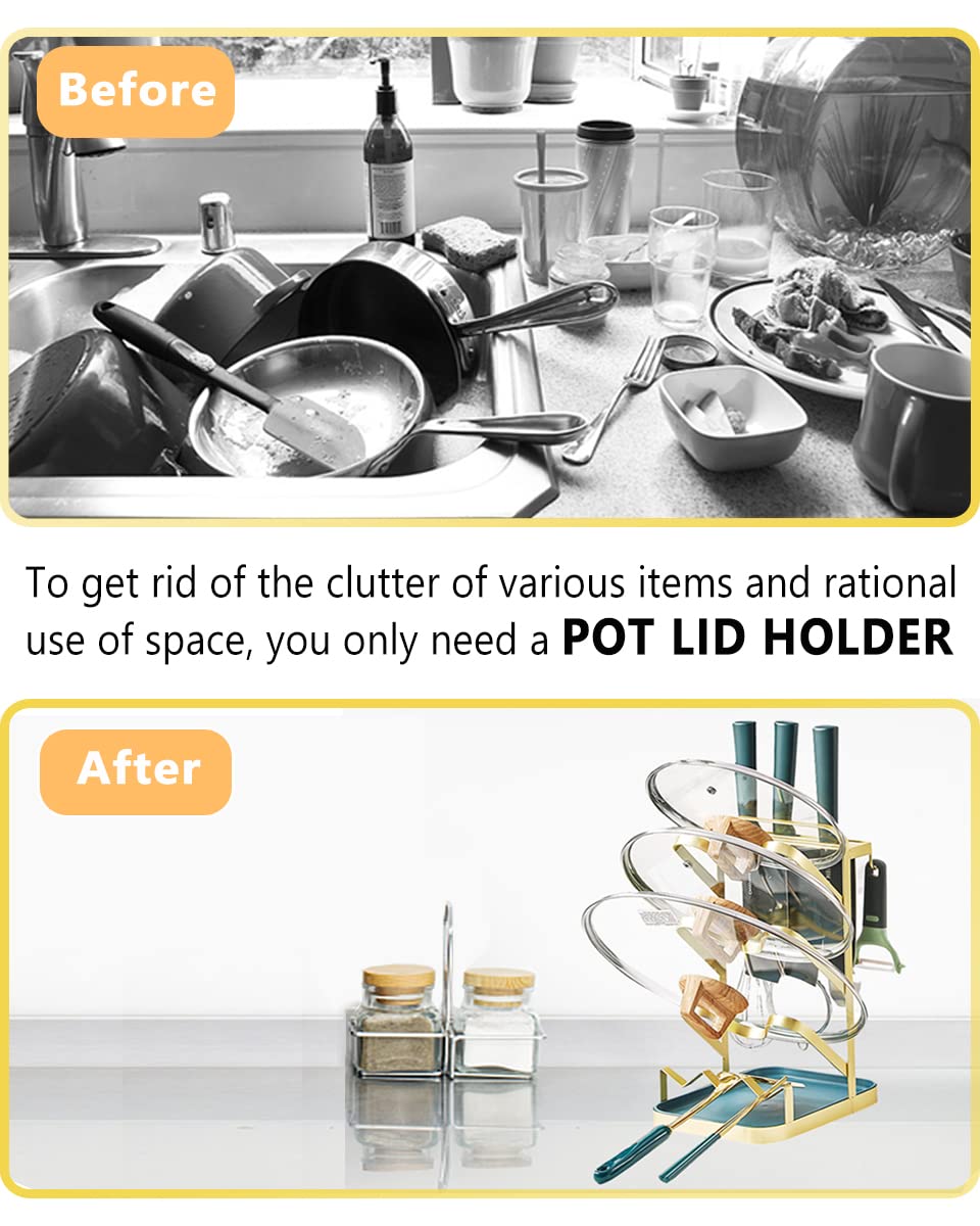Pot Lid Organizer Rack, Pot Lid Holder for Cabinet and Counter, Kitchen Lid and Spoon Holder with Drip Tray (Gold)