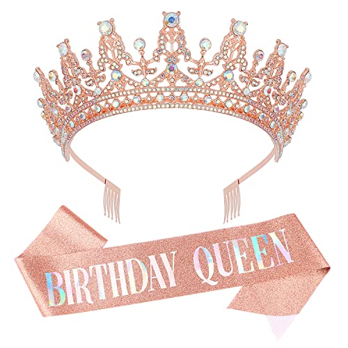 SuPoo Rose Gold Birthday Crown and Sash Kit Birthday Tiara Glitter Birthday Sash for Women Birthday Queen Sash Rhinestones Princess Crown with Comb Crystal Birthday Decorations Party Supplies Favors