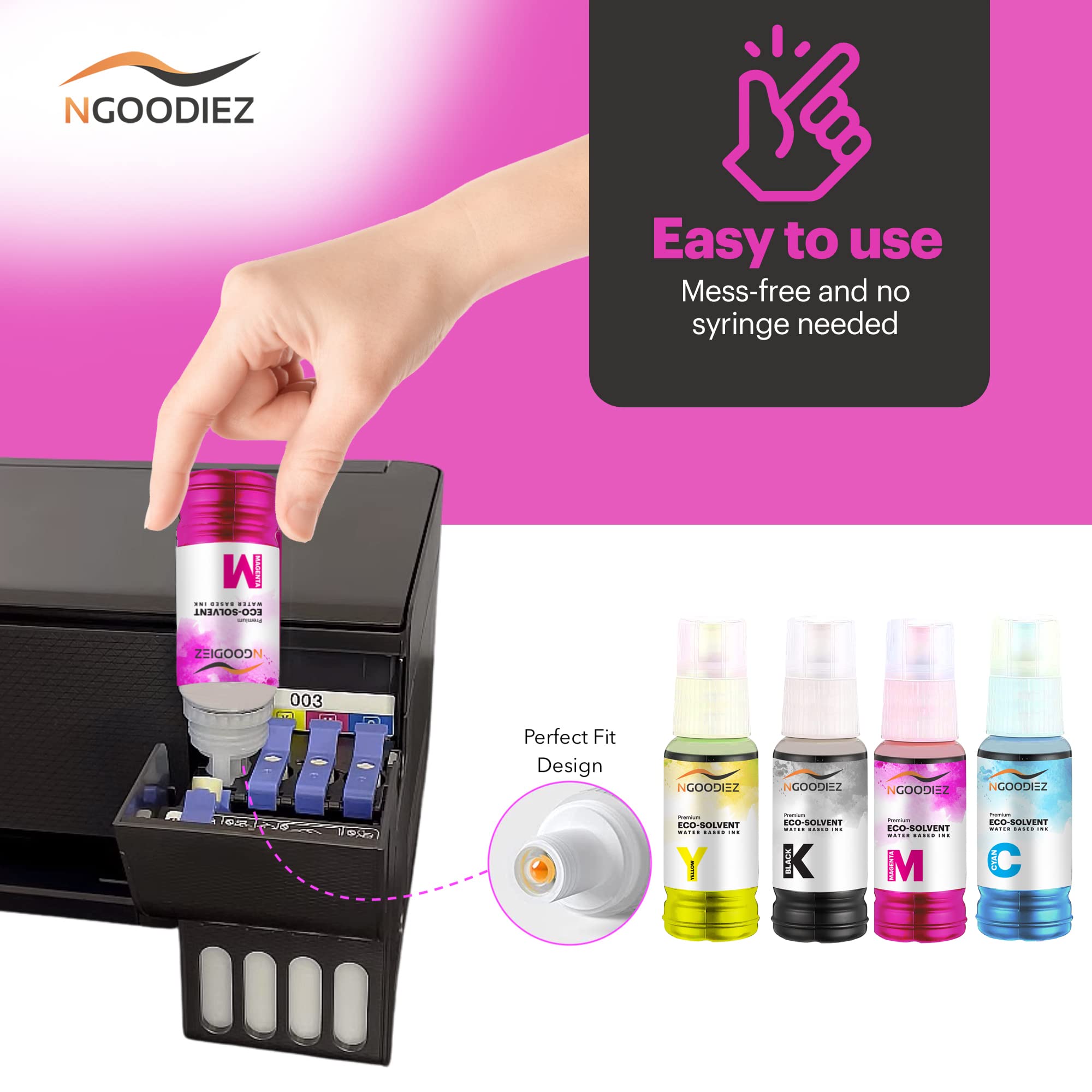 NGOODIEZ Eco Solvent Ink Auto-Fill Water Based Ink, Conversion Kit Refill Ink for Epson EcoTank & Workforce Printers - Ideal for HTV, Vinyl Stickers, Decals, T-Shirts, Mugs (1B/1C/1M/1Y, 4x70ml)