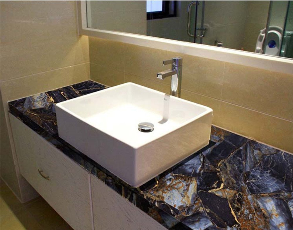 UPREDO Blue Stone Marble Granite Look Effect Countertops Gloss Vinyl Film 12inch by 79inch (Blue Stone)