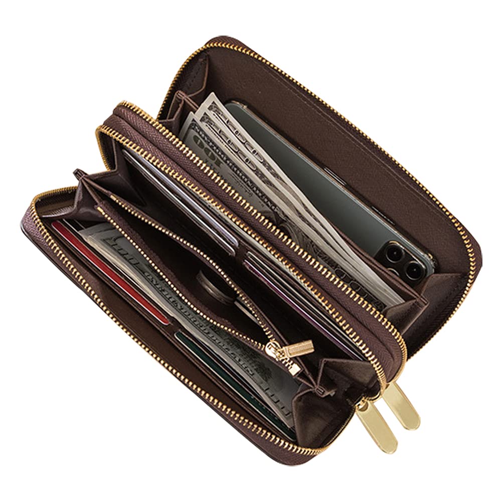 Veki Women's Wallet Double Zipper Pocket Wallets with Wrist Strap, Leather Credit Card Purse for Women Men (Brown)