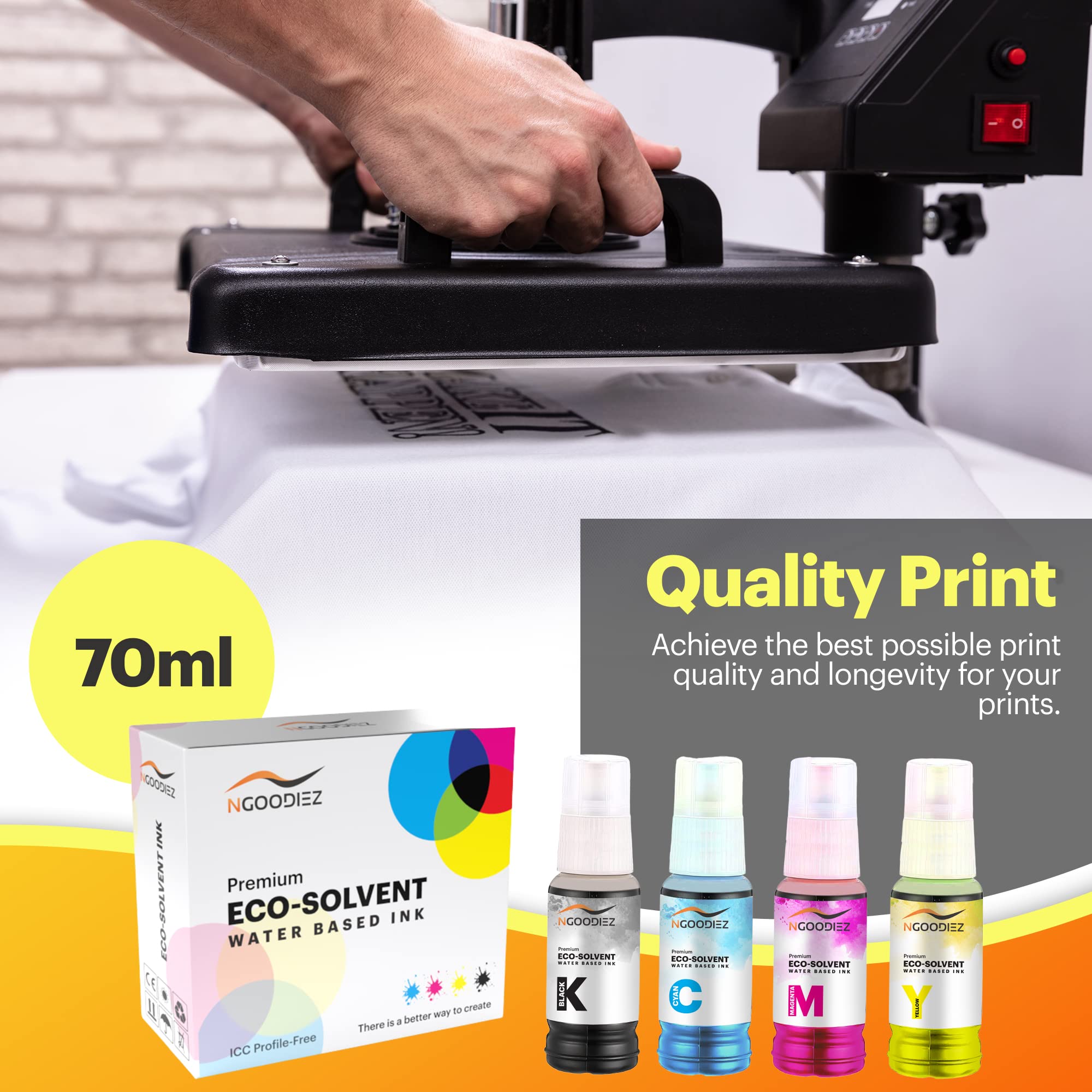 NGOODIEZ Eco Solvent Ink Auto-Fill Water Based Ink, Conversion Kit Refill Ink for Epson EcoTank & Workforce Printers - Ideal for HTV, Vinyl Stickers, Decals, T-Shirts, Mugs (1B/1C/1M/1Y, 4x70ml)