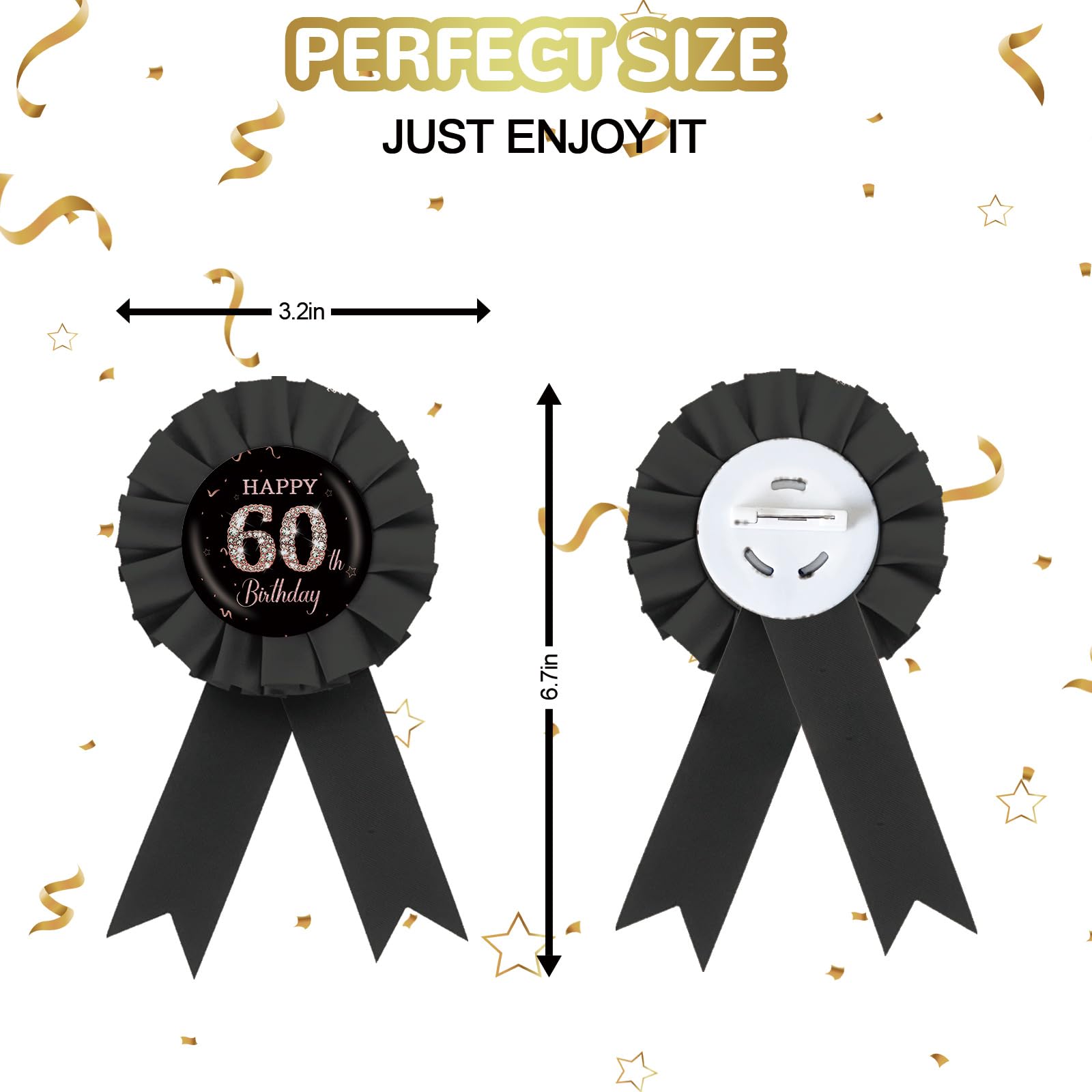 Black Happy 60th Birthday Tinplate Badge Pin, Black Rosette It's My 60th Birthday Button, Diamond 60th Birthday Award Badge Pin, Sixty Years Old Birthday Party Decorations