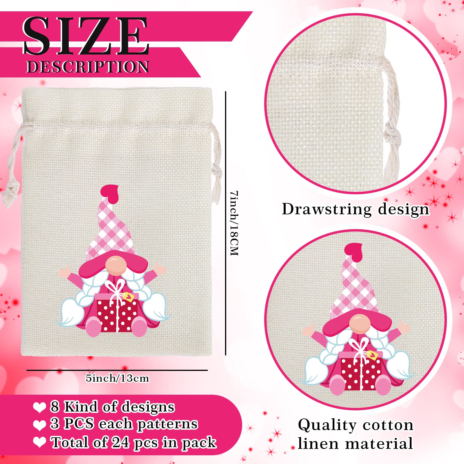 Whaline 24Pcs Valentine's Day Burlap Gift Bags Pink Gnome Pattern Drawstring Candy Bags Rustic Linen Pouches Sacks for Valentine's Day Party Favors Wedding Bridal Shower Supplies, 5 x 7Inch