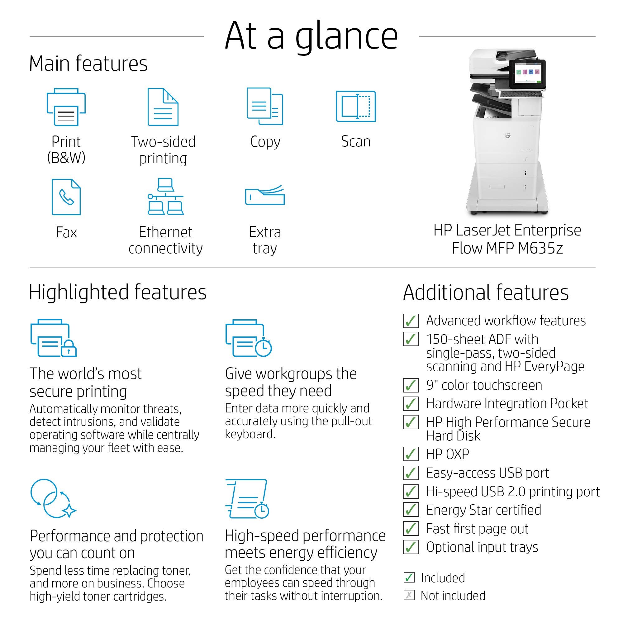 HP LaserJet Enterprise Flow MFP M635z Monochrome All-in-One Printer with built-in Ethernet, 2-sided printing, high-capacity input feeder, wheeled stand & 3-bin stapler/stacker (7PS99A)