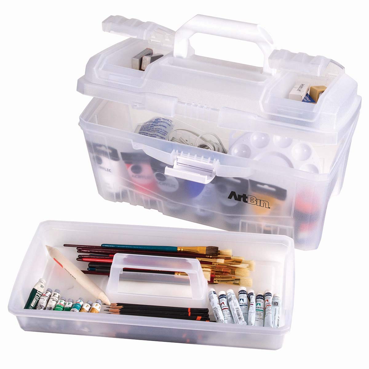 ArtBin 6918AH Twin Top 17 inch Supply Box, Portable Art & Craft Supply Organizer with Handle, [1] Plastic Storage Case, Translucent