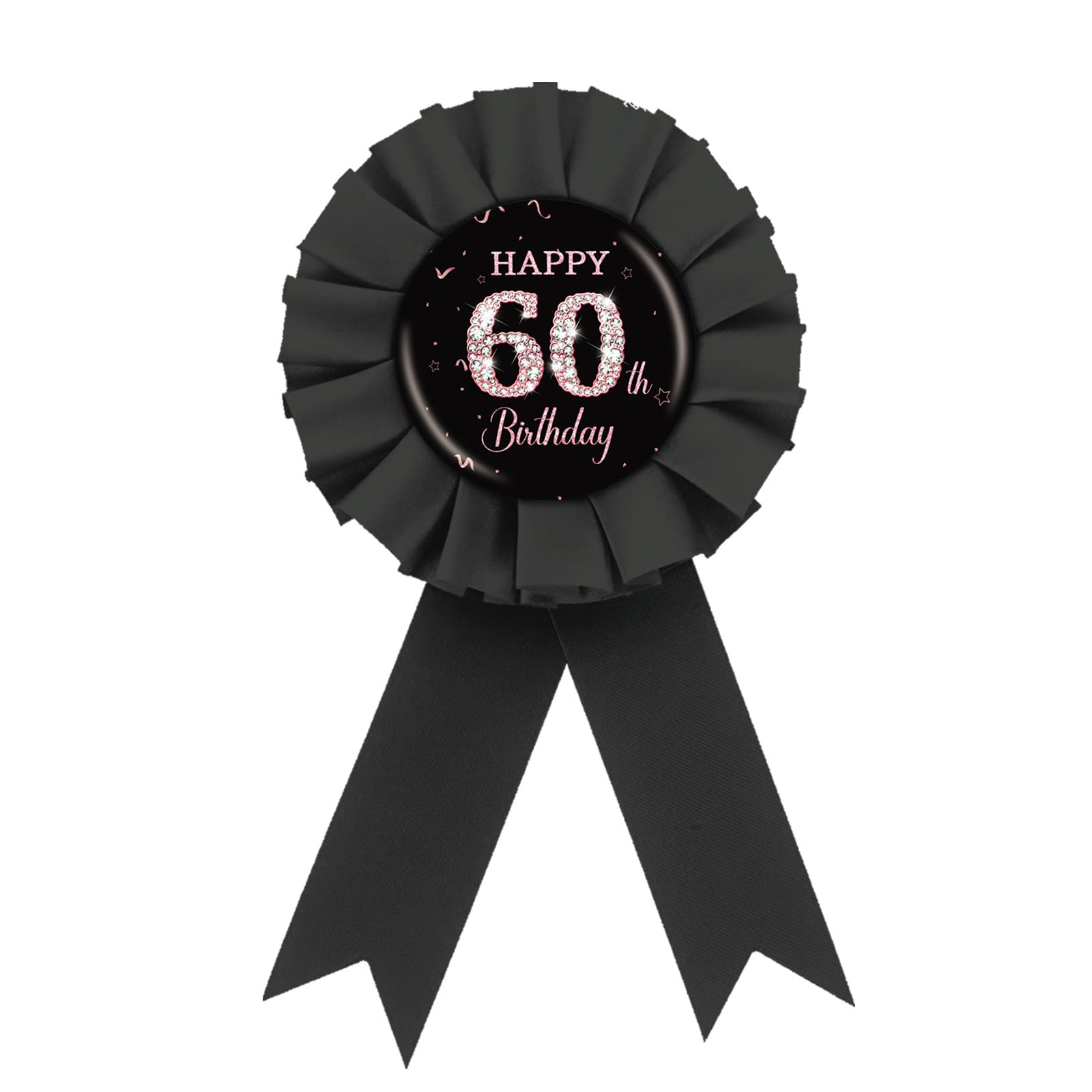 Black Happy 60th Birthday Tinplate Badge Pin, Black Rosette It's My 60th Birthday Button, Diamond 60th Birthday Award Badge Pin, Sixty Years Old Birthday Party Decorations
