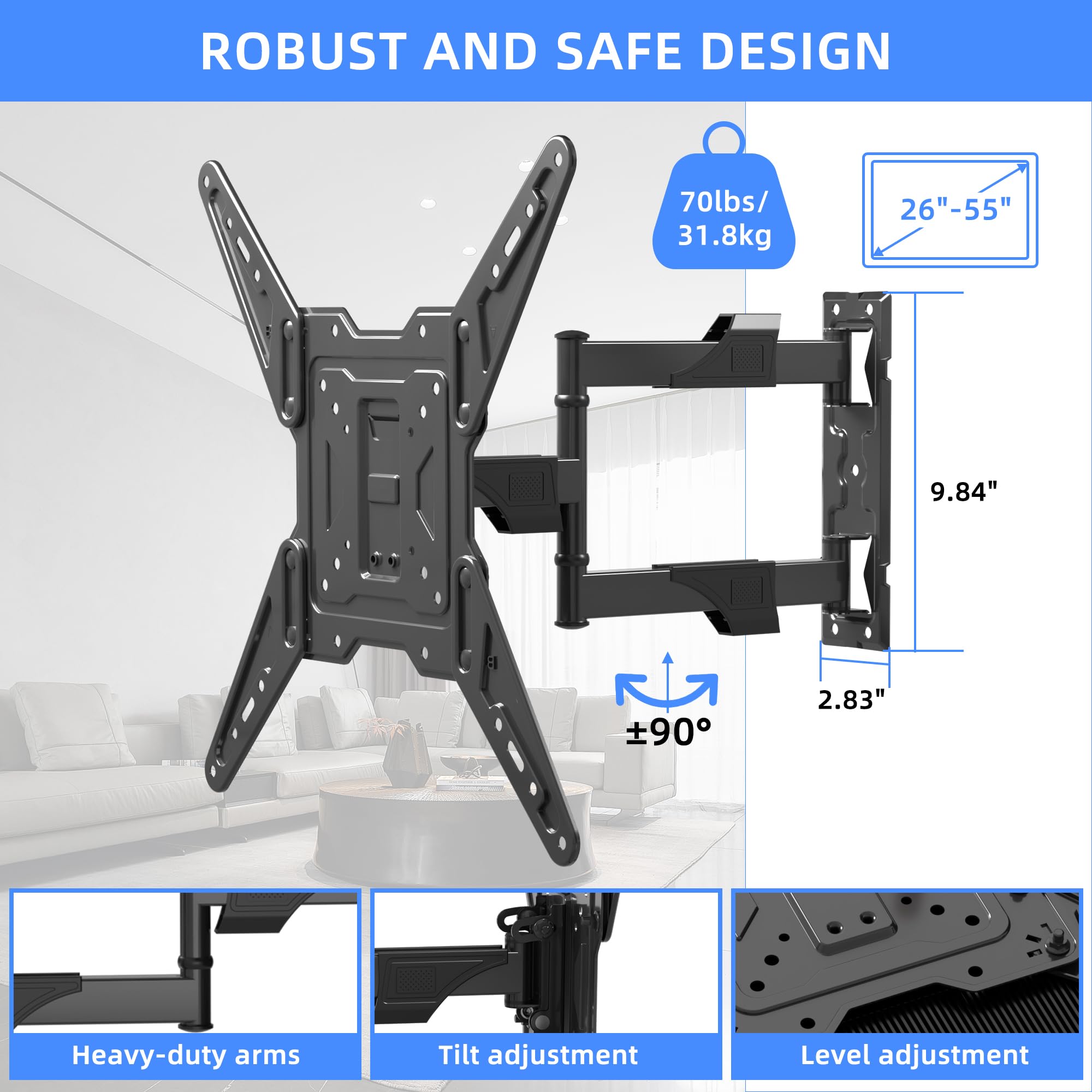 XINLEI Full Motion TV Wall Mount for Most 26-55 Inch Flat Curved TVs, Wall Mount TV Bracket with Swivel Articulating Extension Tilt Arm, Support up to 70lbs, Max VESA 400x400mm(MAP3)