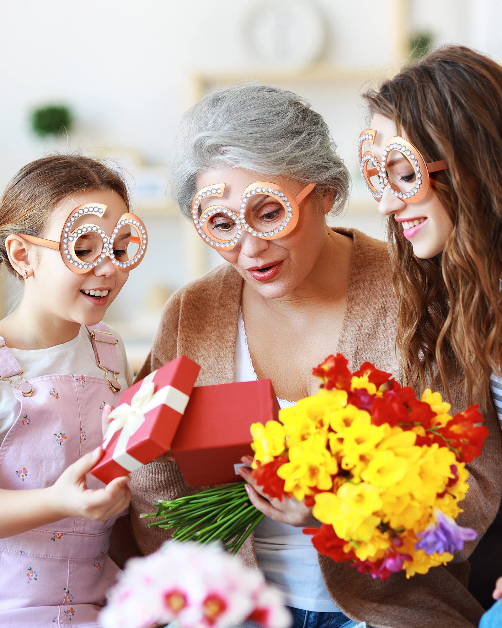 9 Pairs 60th Birthday Glasses Number 60 Crystal Frame Funny Costume Sunglasses Novelty Eyewear Celebration Decoration (Rose Gold)