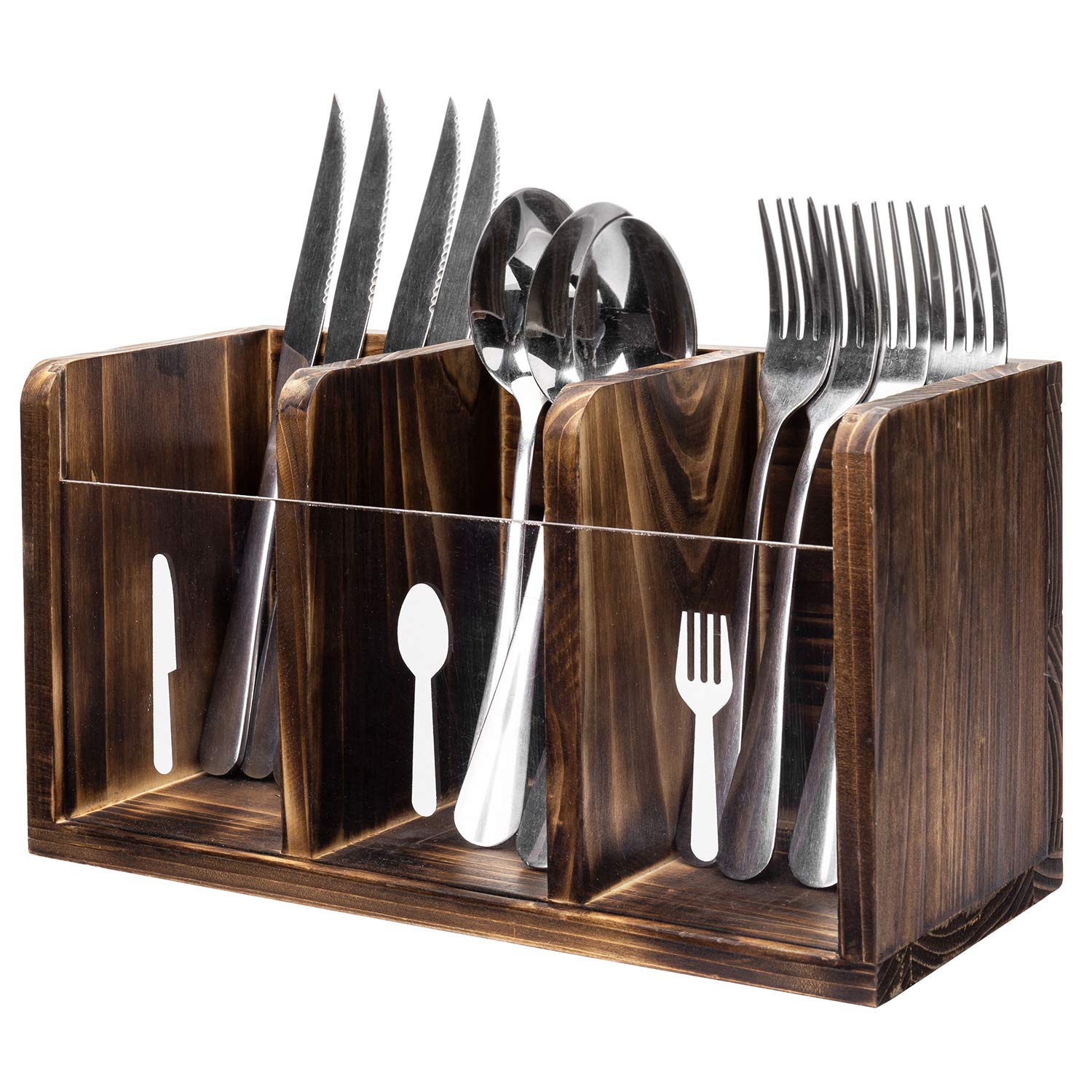 MyGift Torched Wood Flatware Caddy with Clear Acrylic Front Panel, Dining Utensils Holder, Cutlery Storage Organizer Bin with Fork, Spoon and Knife Labels