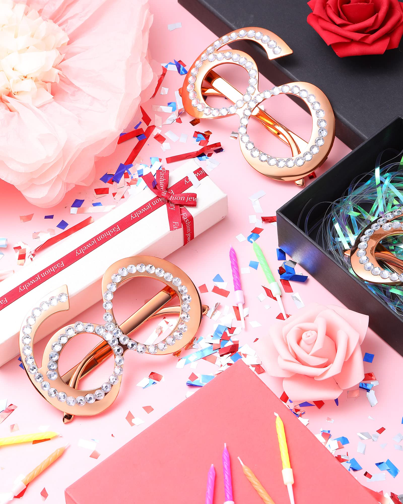9 Pairs 60th Birthday Glasses Number 60 Crystal Frame Funny Costume Sunglasses Novelty Eyewear Celebration Decoration (Rose Gold)