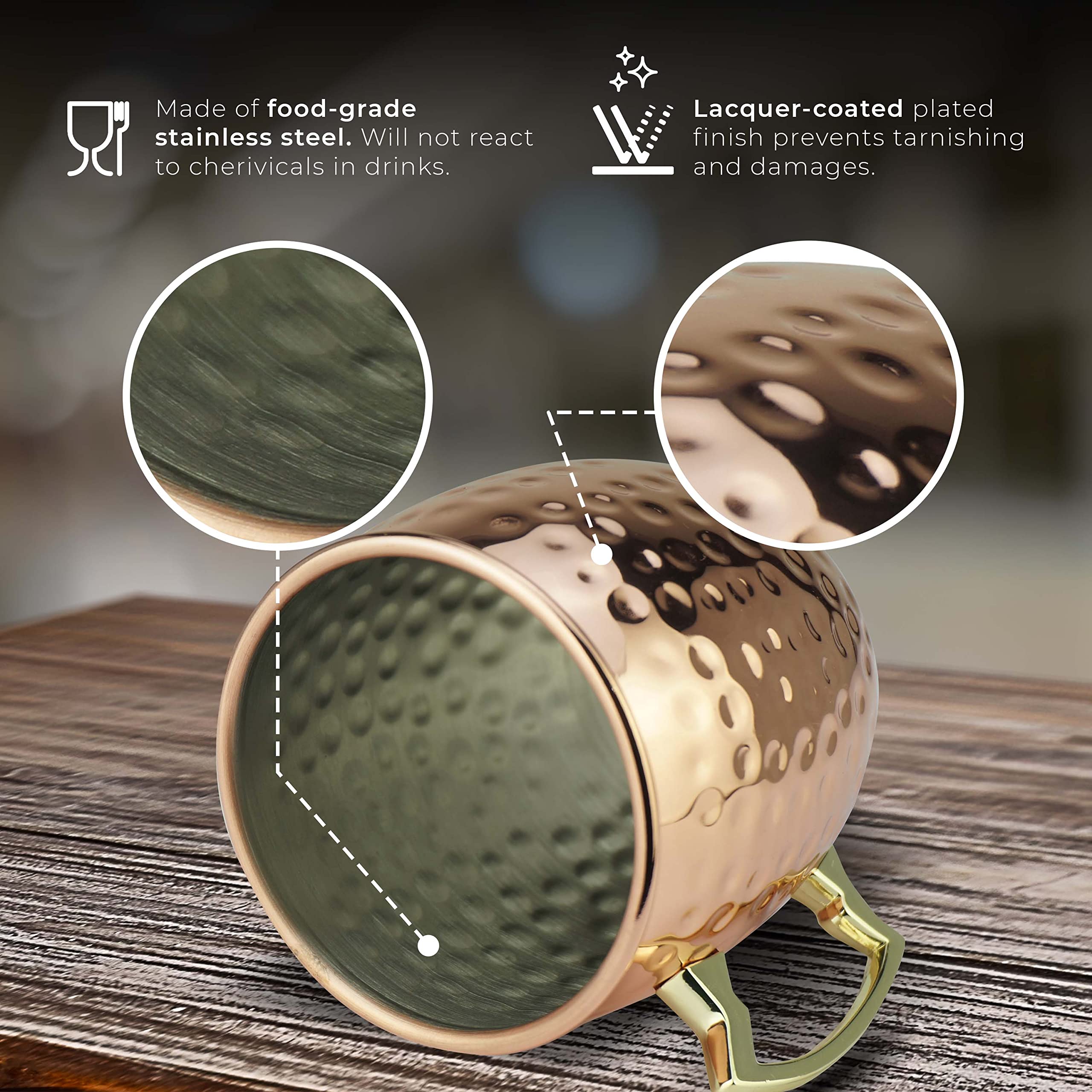 PG Moscow Mule Mugs | Large Size 19 ounces | Set of 4 Hammered Cups | Stainless Steel Lining | Pure Copper Plating | Gold Brass Handles | 3.7 inches Diameter x 4 inches Tall