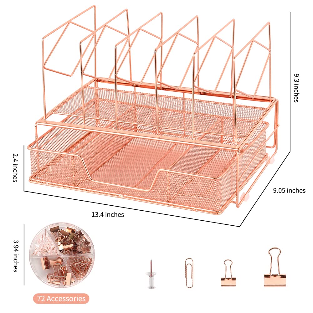 Spacrea Rose Gold Desk Organizers - File Organizer Desk Accessories with Vertical File Folder Holders & Sliding Drawer, Office Supplies for Workspace College Dorm Home(Binder Clips Included)