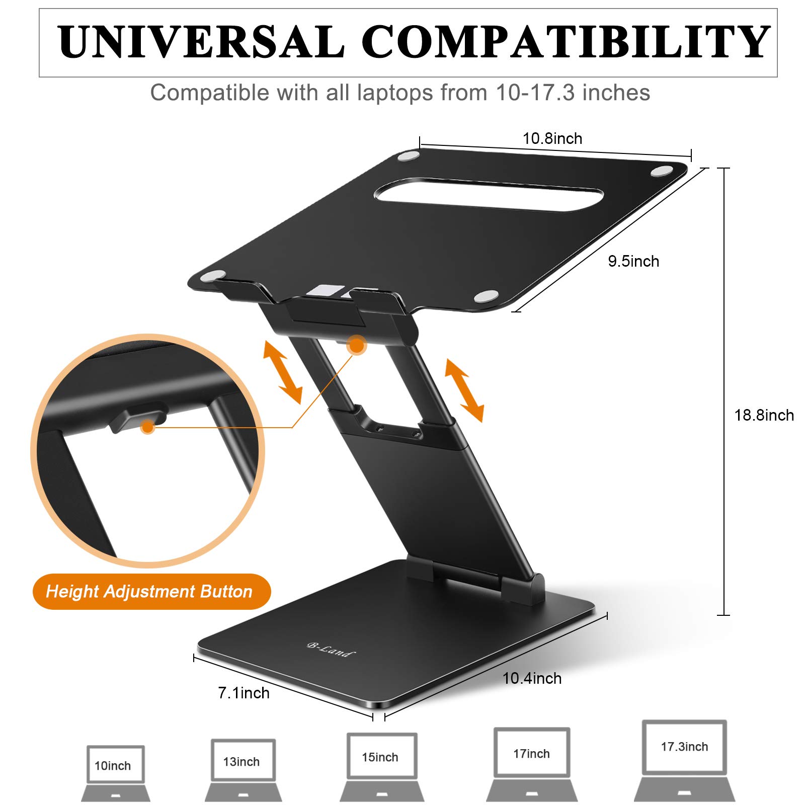 B-Land Laptop Stand, Adjustable Laptop Stand Holder Ergonomic Laptop Riser Aluminum Computer Stand Compatible with MacBook, Air, Pro, Dell XPS, Samsung, Lenovo, Alienware All Laptops 10-17" (Black)