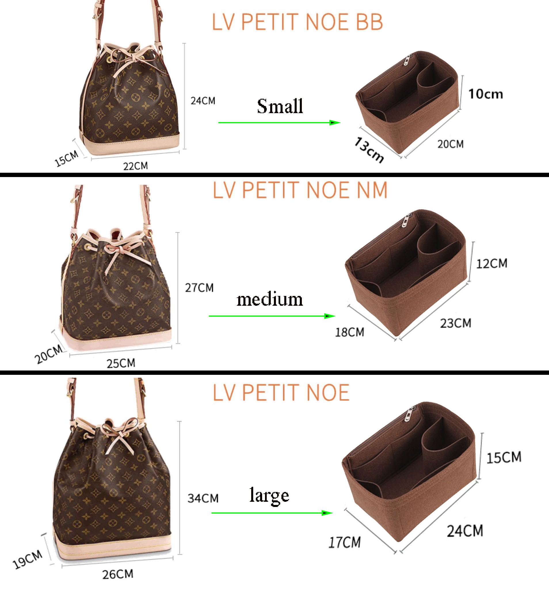 Lckaey Purse Organizer insert for LV NOE BB Petit NOE NM storage bag Organizer With Zipped pocket Y059coffee-Large