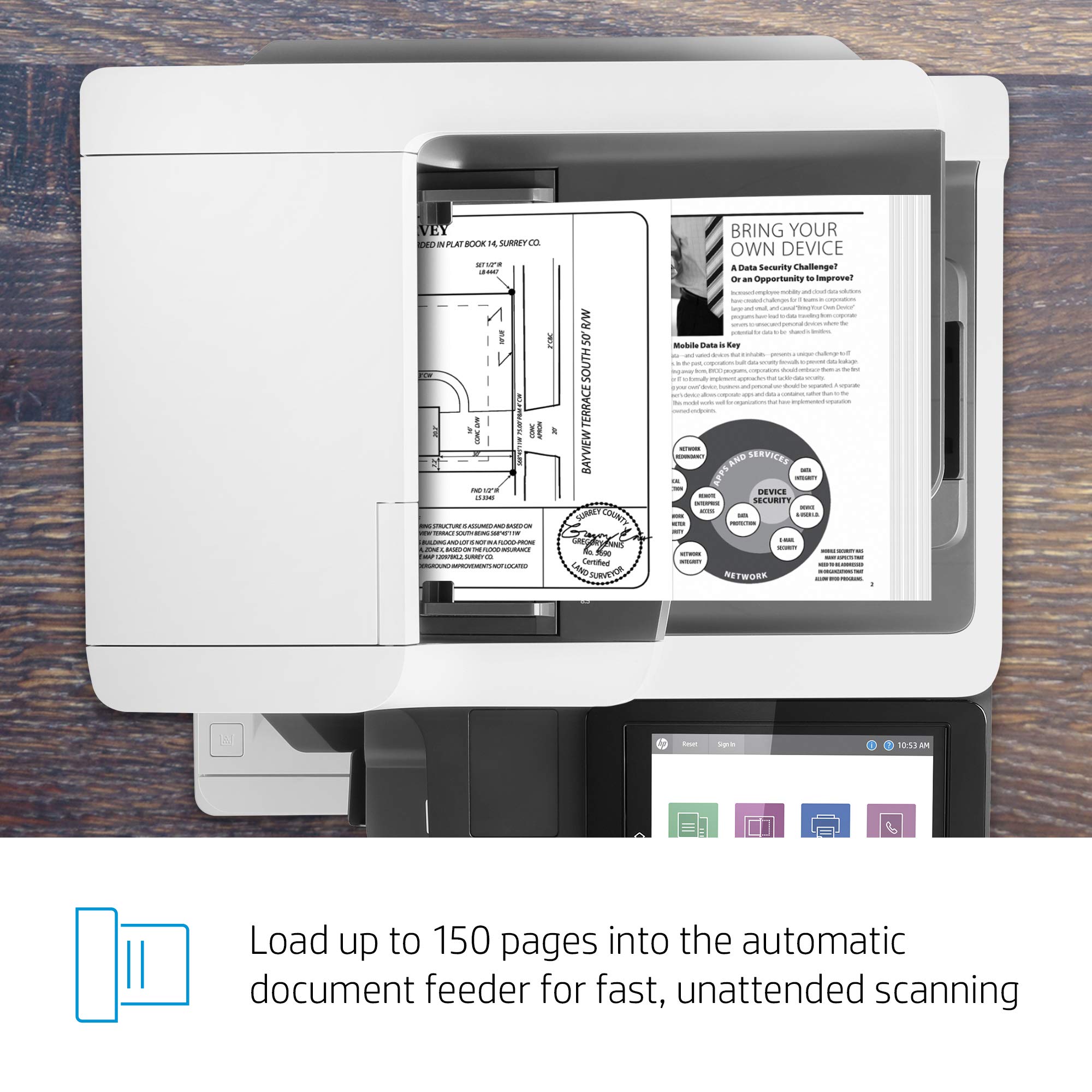 HP LaserJet Enterprise Flow MFP M635z Monochrome All-in-One Printer with built-in Ethernet, 2-sided printing, high-capacity input feeder, wheeled stand & 3-bin stapler/stacker (7PS99A)
