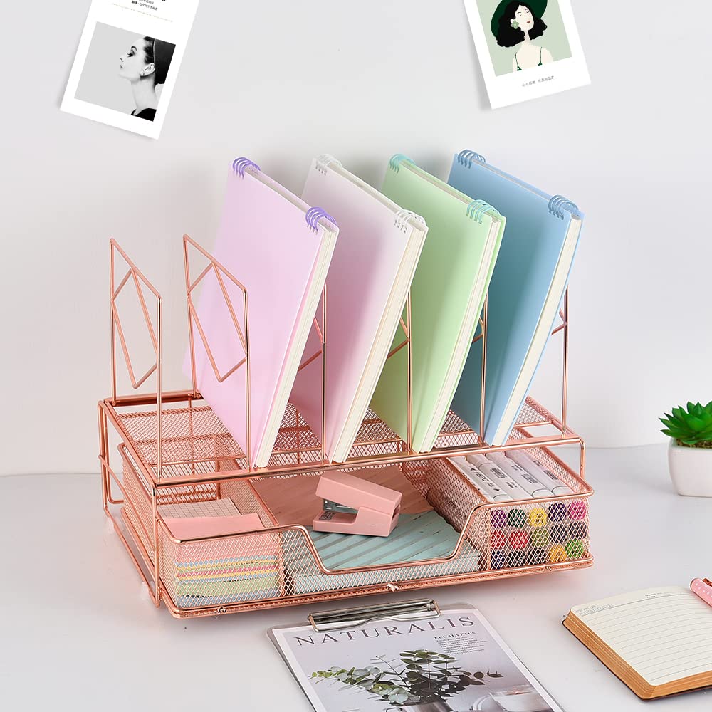 Spacrea Rose Gold Desk Organizers - File Organizer Desk Accessories with Vertical File Folder Holders & Sliding Drawer, Office Supplies for Workspace College Dorm Home(Binder Clips Included)