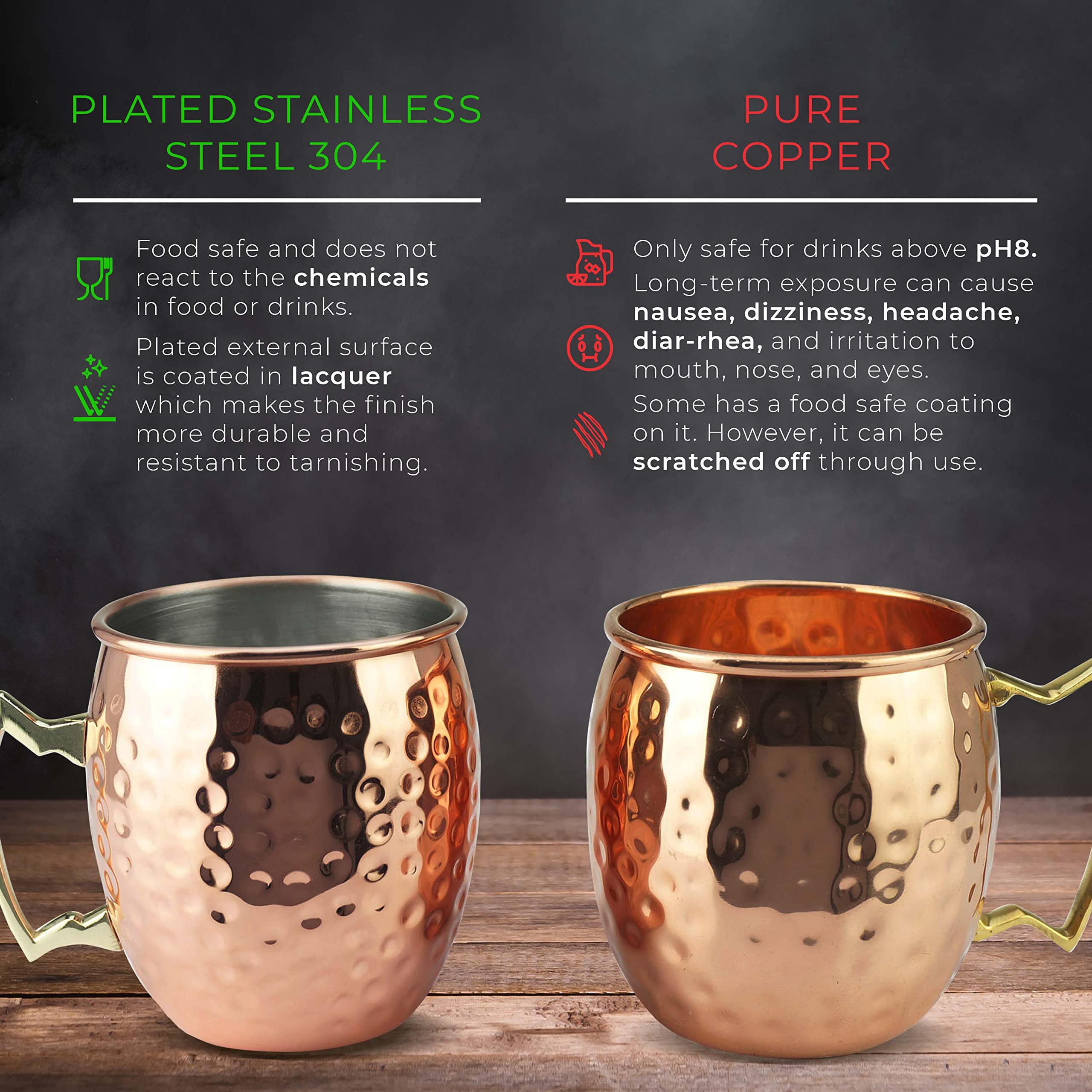 PG Moscow Mule Mugs | Large Size 19 ounces | Set of 4 Hammered Cups | Stainless Steel Lining | Pure Copper Plating | Gold Brass Handles | 3.7 inches Diameter x 4 inches Tall