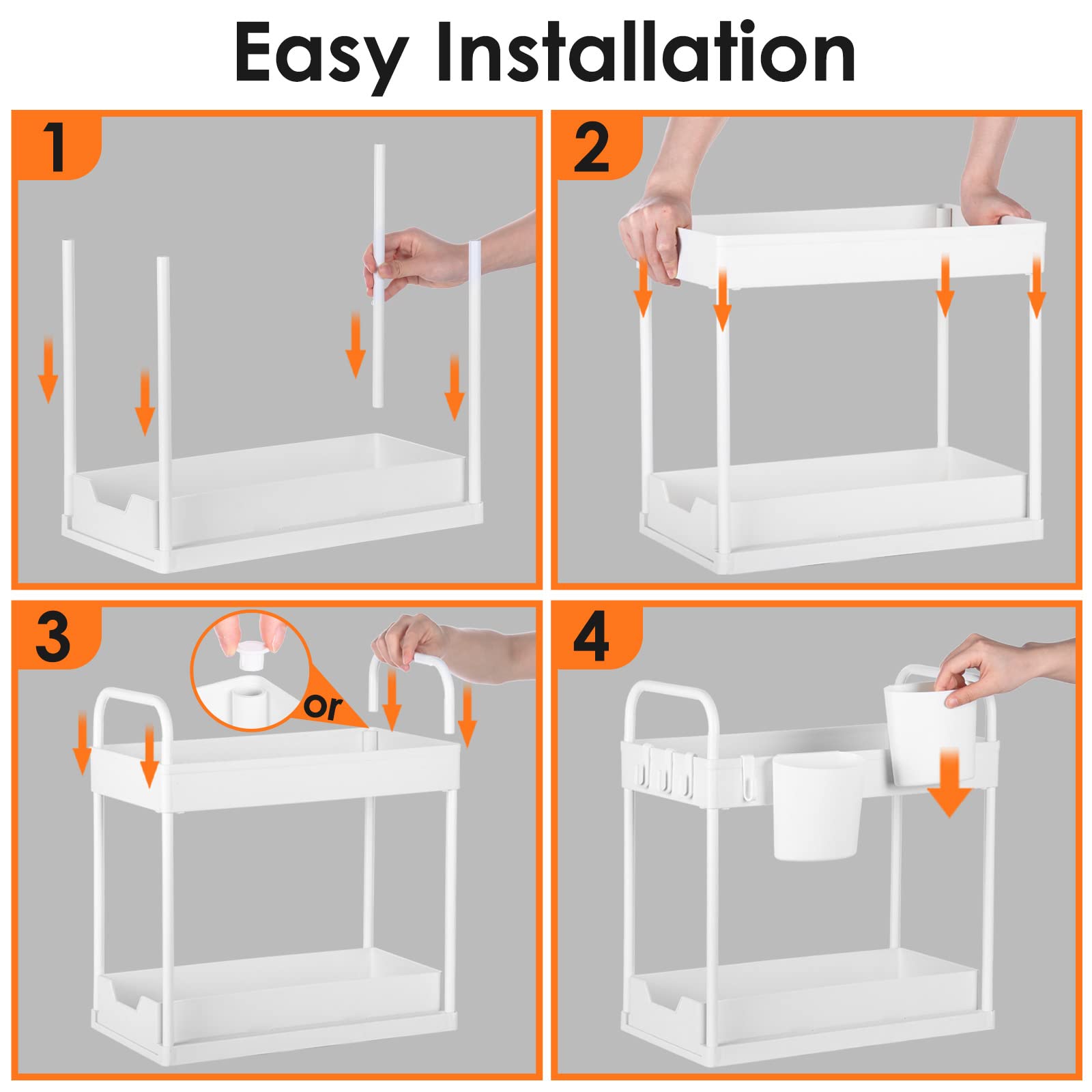 GEMWON Under Sink Organizer, 2 Tier Sliding Bathroom Organizer Cabinet Storage with Hooks, Hanging Cups, Handles, Multi-purpose Under Sink Shelf Organizer for Bathroom Kitchen(2 Pack)