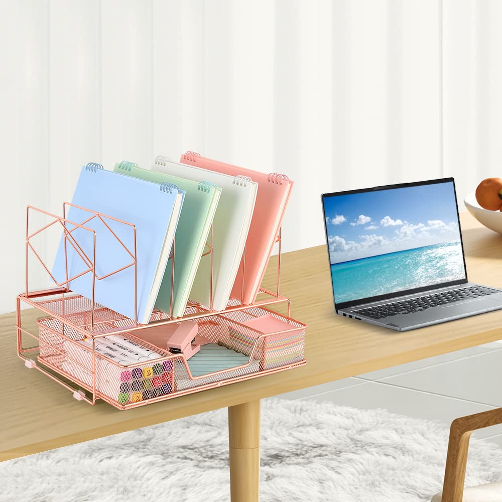 Spacrea Rose Gold Desk Organizers - File Organizer Desk Accessories with Vertical File Folder Holders & Sliding Drawer, Office Supplies for Workspace College Dorm Home(Binder Clips Included)