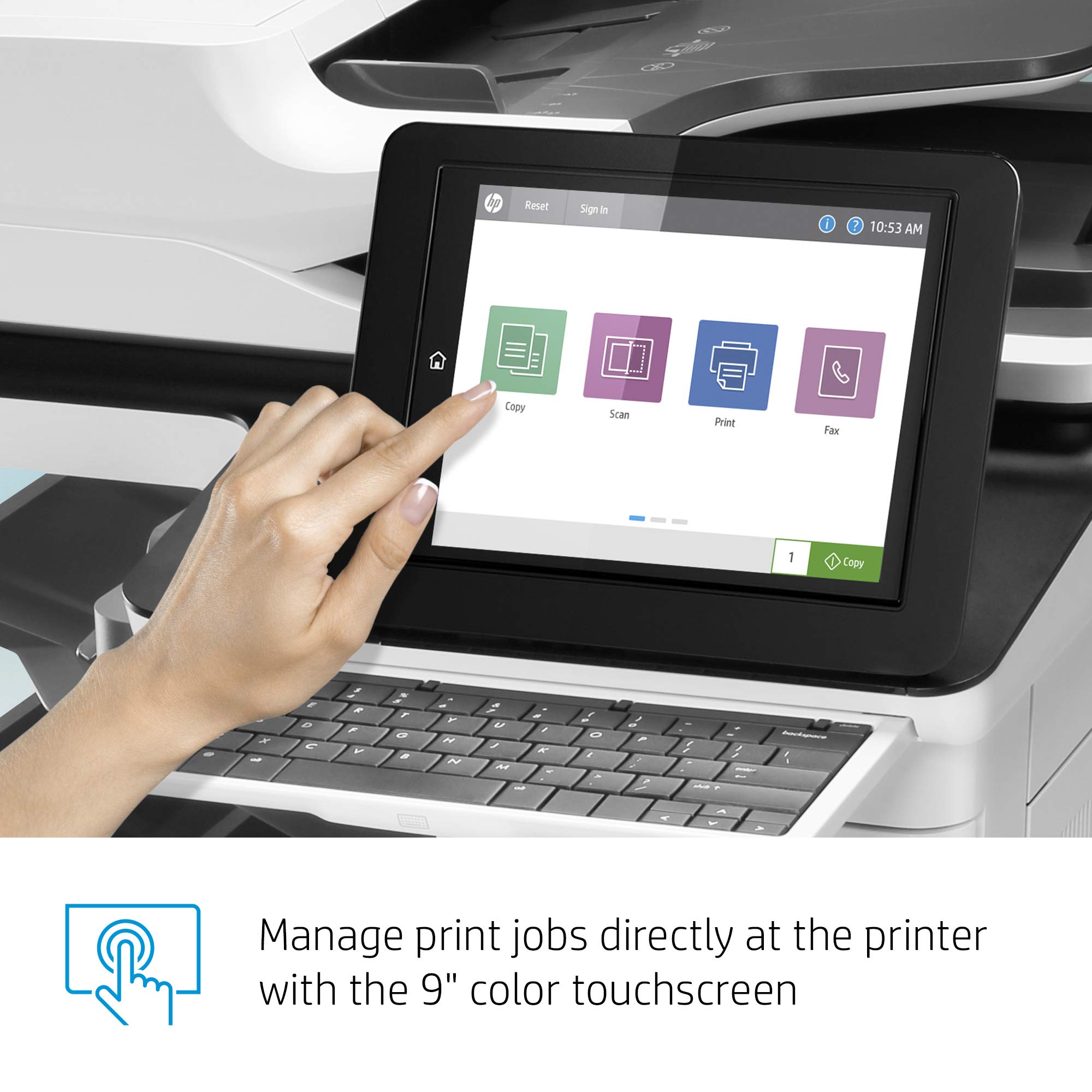 HP LaserJet Enterprise Flow MFP M635z Monochrome All-in-One Printer with built-in Ethernet, 2-sided printing, high-capacity input feeder, wheeled stand & 3-bin stapler/stacker (7PS99A)