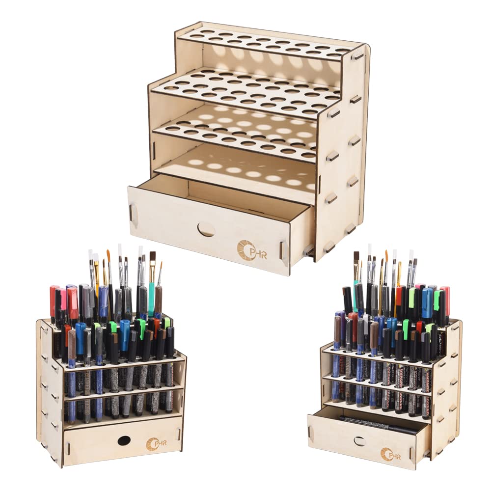 OPHIR 32 Holes Wooden Paint Brush Organizers & Holders with A Drawer Cabinet for Marker Pens, Colored Pencils, Painting Brushes, Paint Tools, Artist Supply Storage Rack for Craft Model Painting