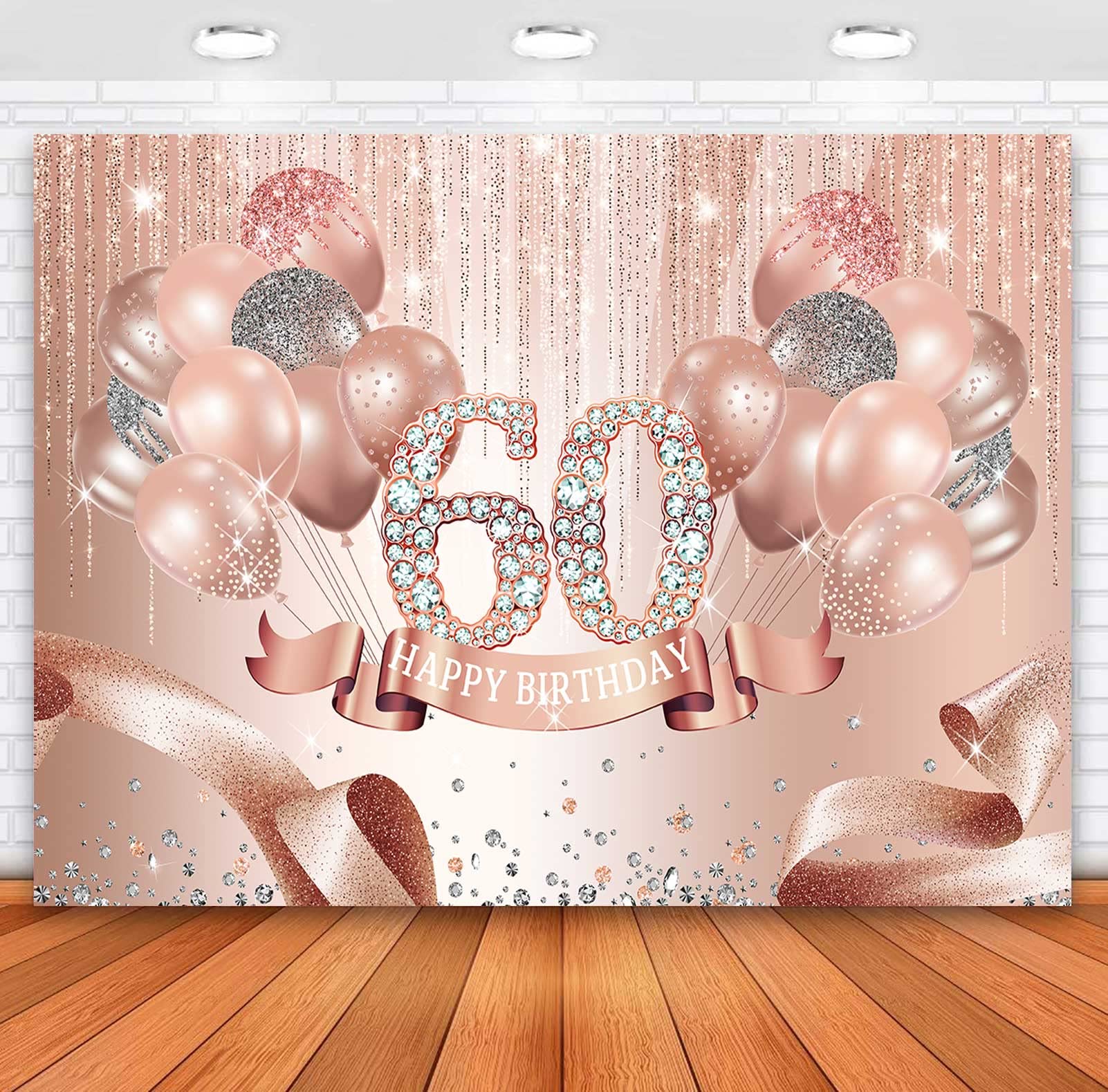 Sensfun Rose Gold Happy 60th Birthday Backdrop Decorations for Women Pink Glitter Ribbon Balloons Dots Photography Background Shining Diamond Sixty Years Old Party Banner Photo Studio Props 7x5ft
