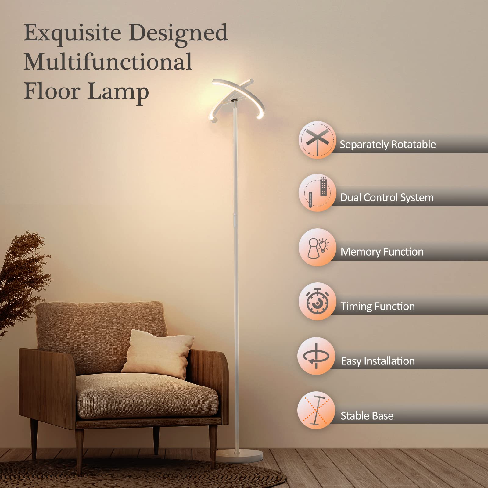 FIMEI Split Floor Lamp, Modern Bright LED Rotatable Floor Lamp with Reading Light for Home, Standing Lamp with Stepless Dimming and 3000K-6000K Color Temperature, Touch and Remote Control-Black