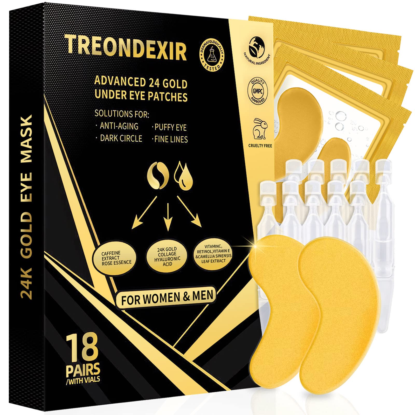 24K Gold Under Eye Patches for Puffy Eyes Treatment 18 Pairs w/Serum Vials, Under Eye Masks for Dark Circles and Puffiness, Eye Gel Pads w/Caffeine, Vitamins for Under Eye Bags Treatment