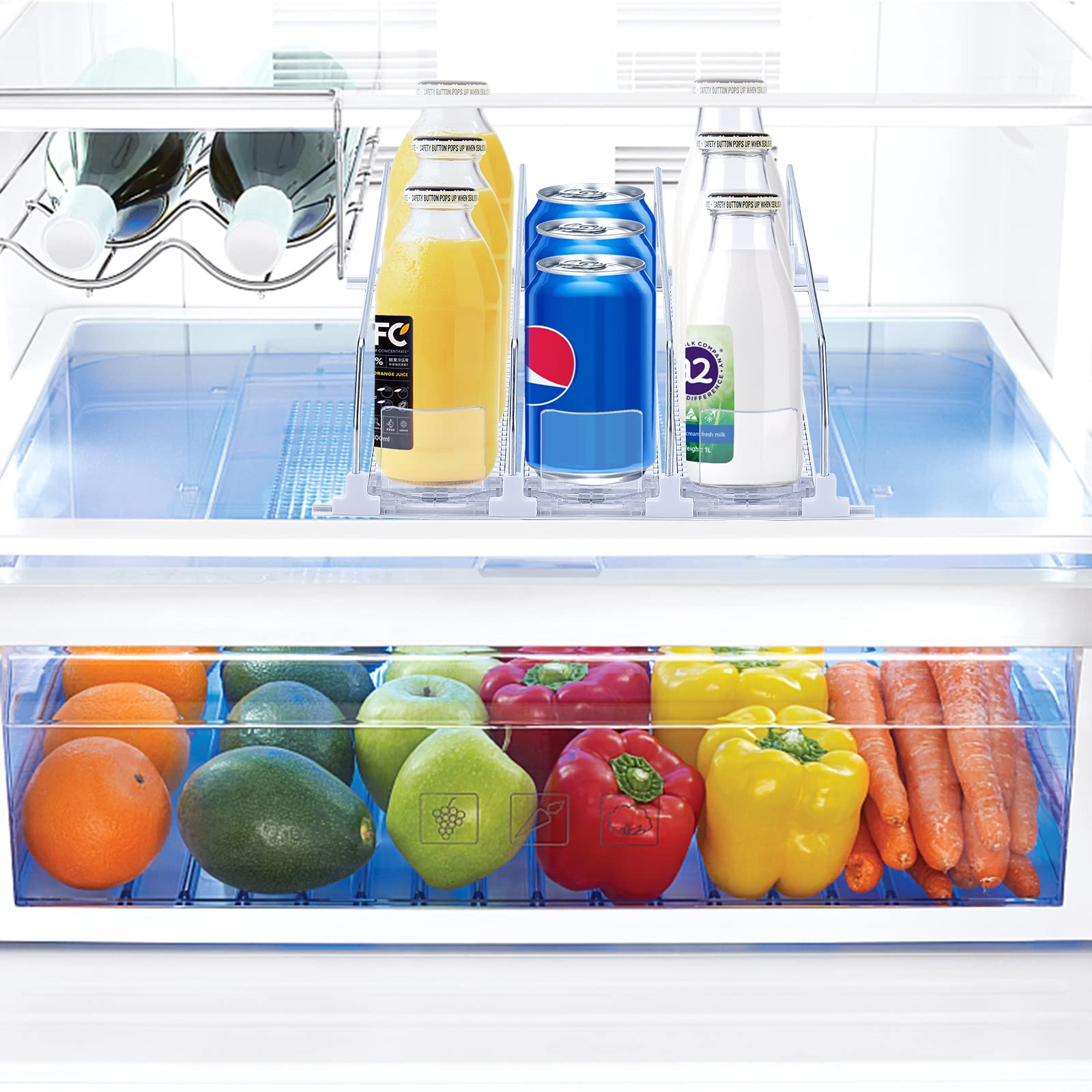 Mokylor Drink Dispenser for Fridge, 3 Row Self-Pushing Soda Can Organizer for Refrigerator, Width Ajustable Beverage Pusher Glide Beer Pop Can Water Bottle Storage for Pantry