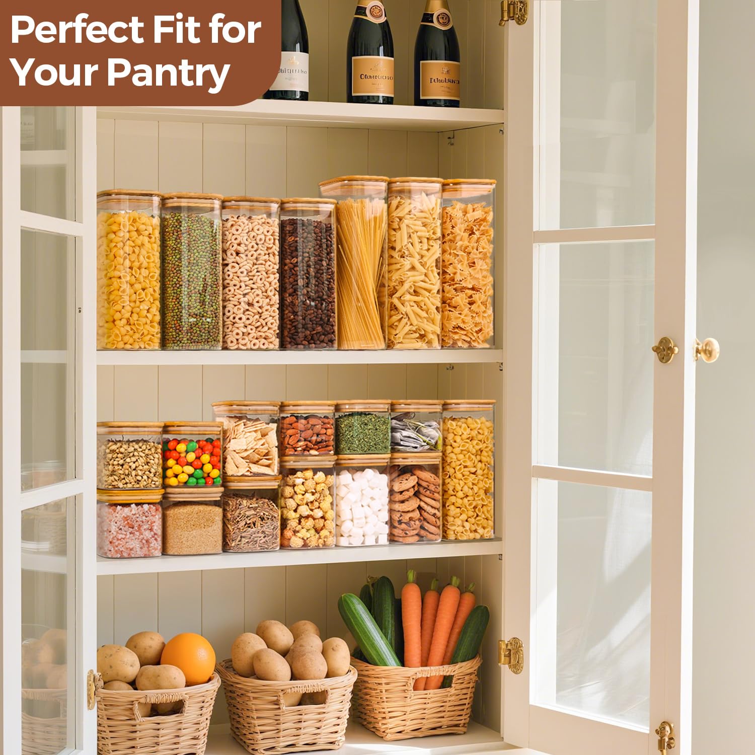 ComSaf Airtight Glass Storage Canister with Bamboo Lid (22oz/37oz/50oz) Set of 6, Clear Food Storage Container Kitchen Pantry Storage Jar for Flour Cereal Sugar Tea Coffee Beans Snacks, Square