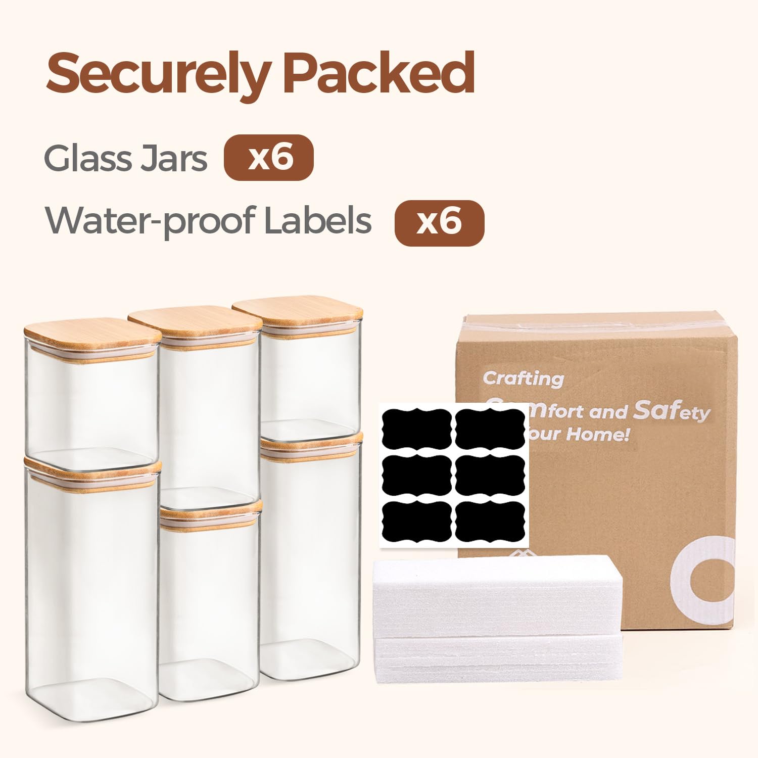 ComSaf Airtight Glass Storage Canister with Bamboo Lid (22oz/37oz/50oz) Set of 6, Clear Food Storage Container Kitchen Pantry Storage Jar for Flour Cereal Sugar Tea Coffee Beans Snacks, Square