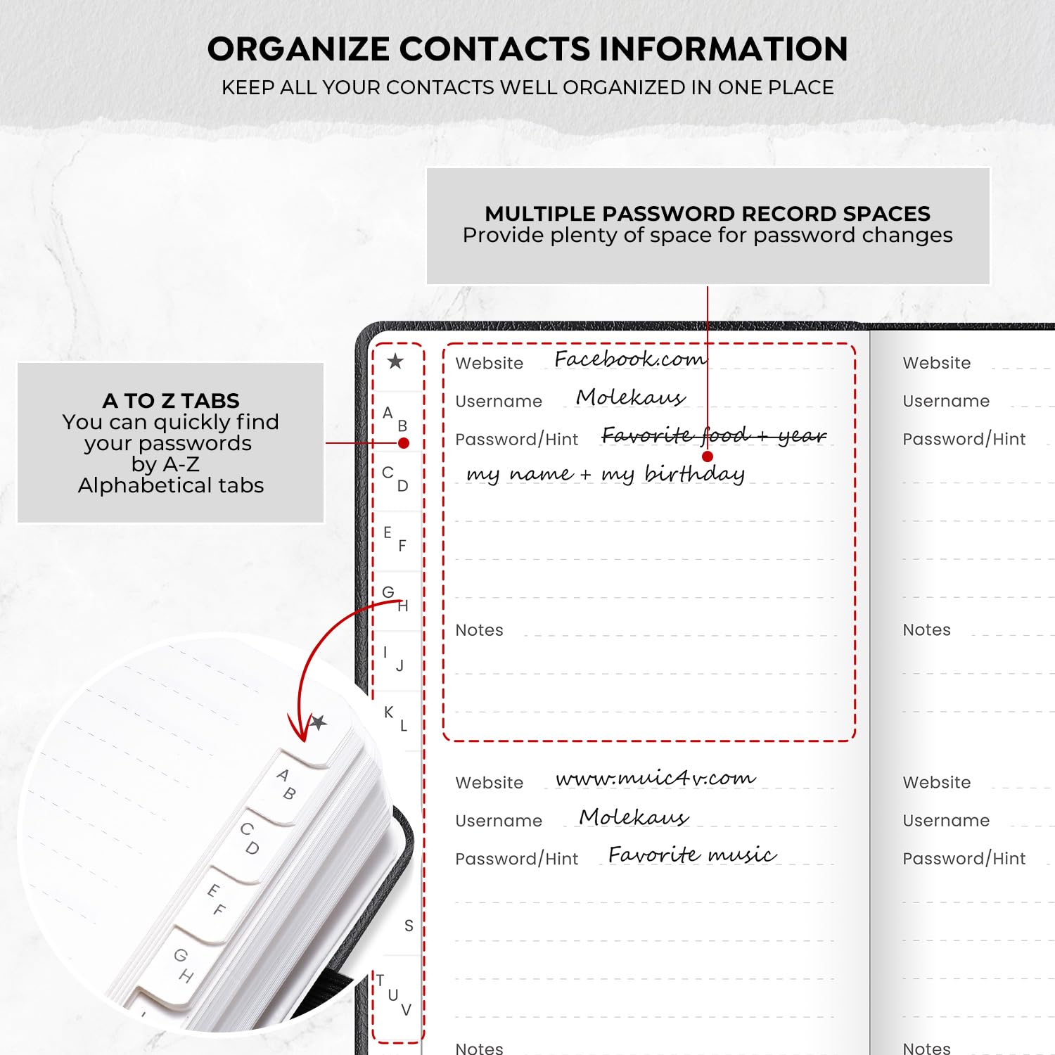 molekaus Password Book with Alphabetical Tabs Small Password Keeper with Extra Password Space to Change Password. Password Notebook for Home or Office for Internet Log In, 6.1*3.7in black small