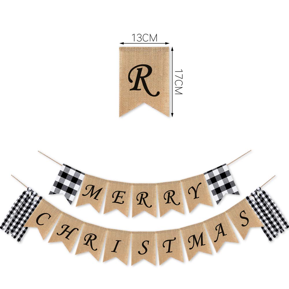 SWYOUN Burlap Merry Christmas Banner Buffalo Check Plaid Black and White Gingham Mantel Fireplace Garland Decoration