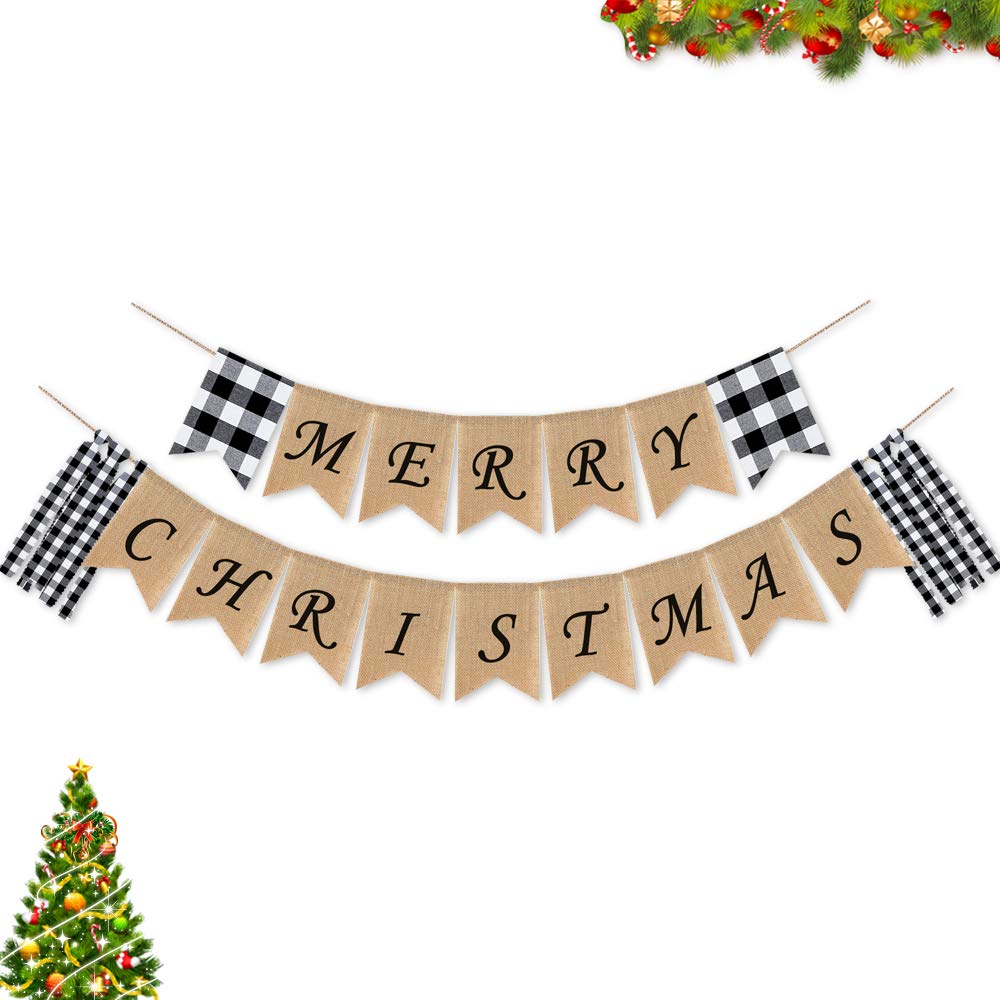 SWYOUN Burlap Merry Christmas Banner Buffalo Check Plaid Black and White Gingham Mantel Fireplace Garland Decoration