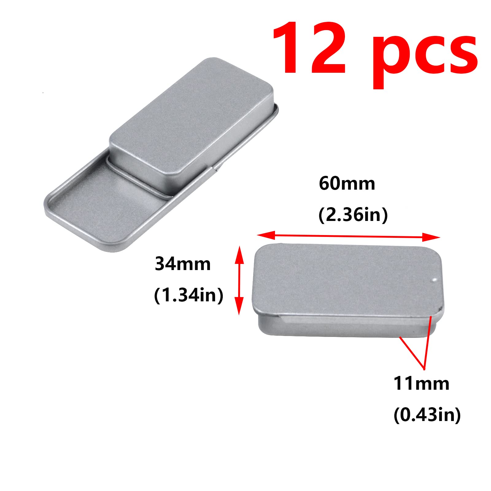 Antrader Metal Slide Top Tin Containers for Crafts & Candies & Jewelry & Pills Survival Kit,2.36"x 1.34"x 0.43",Pack of 12,Silver