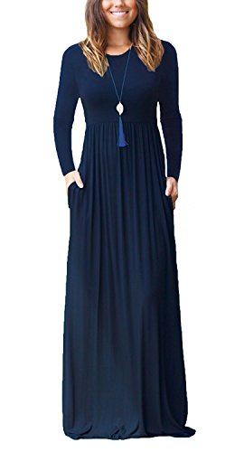 GRECERELLE Women Casual Long Sleeve Maxi Dresses Loose Empire Waist Flowy Fall Long Dresses with Pockets Navy Blue, Large