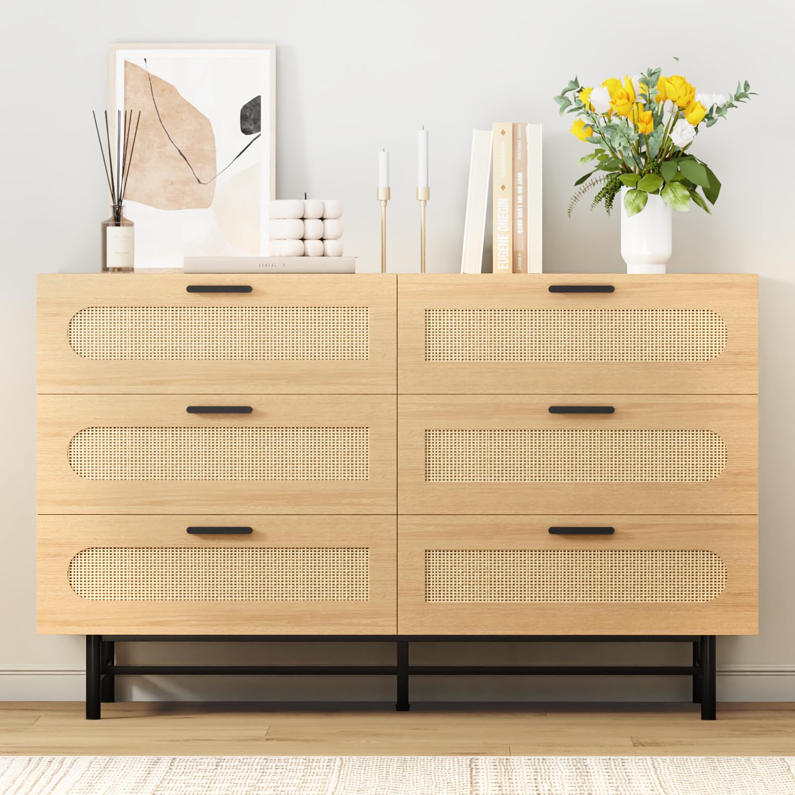 MAISONPEX 6 Drawer Dresser for Bedroom Wooden, Natural Rattan Double Dresser Chest of Drawers, Wide Wood Dressers for Nursery, Bedroom, Hallway, Living Room