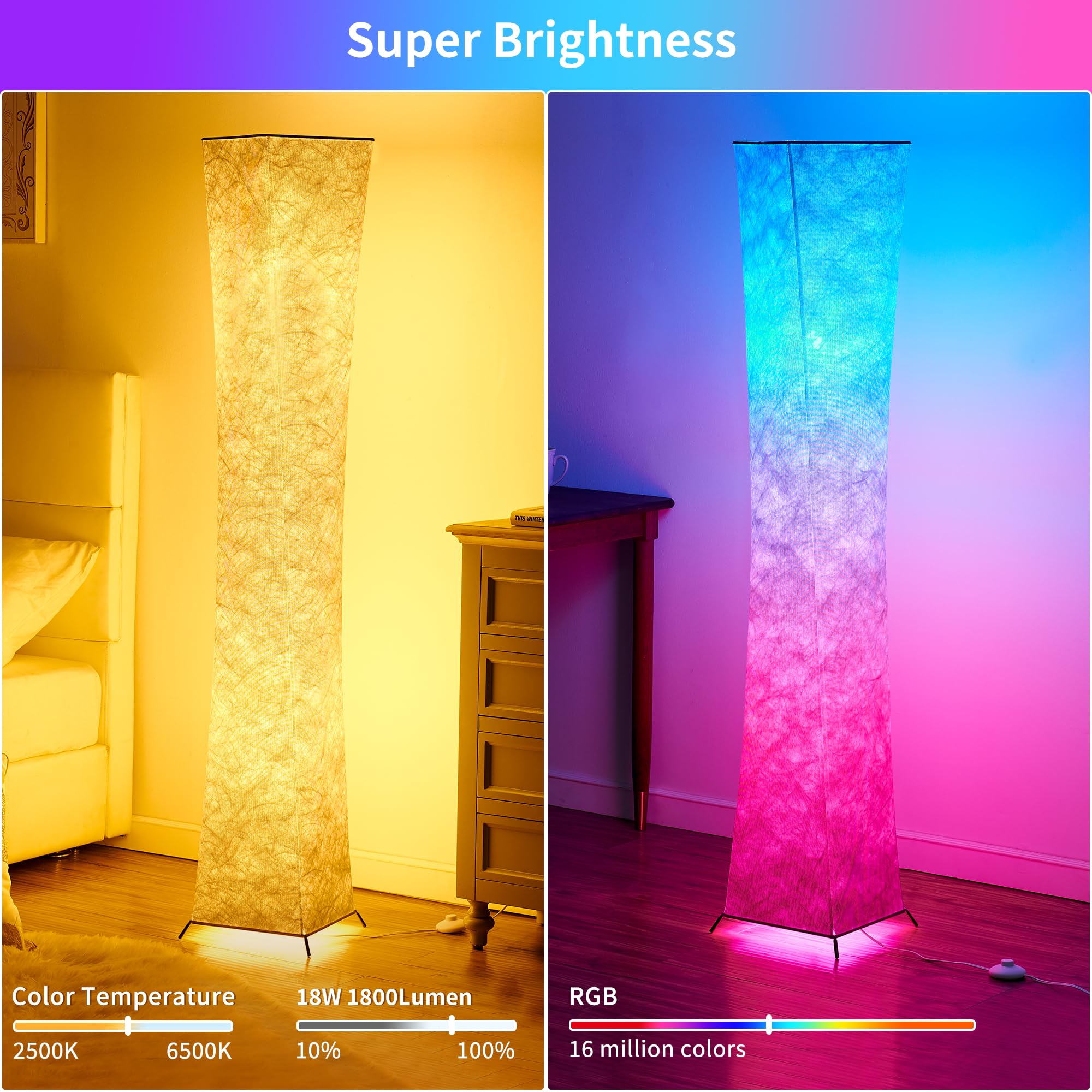 chiphy Floor Lamp, RGB Color Changing and Dimmable LED Lamp, Smart WiFi Bulbs Compatible with Alexa & Google Assistant, 64" Tall White Fabric Shade Light, Modern for Living Room, Bedroom, Game Room