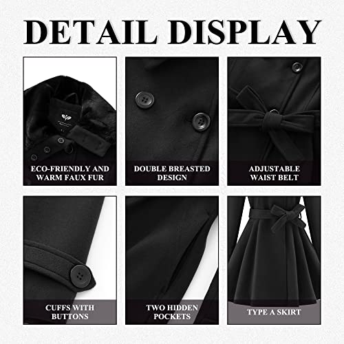 GGleaf Women's Fashion Faux Fur Lapel Double-Breasted Thick Woolblend Trench Coat Black X-Large