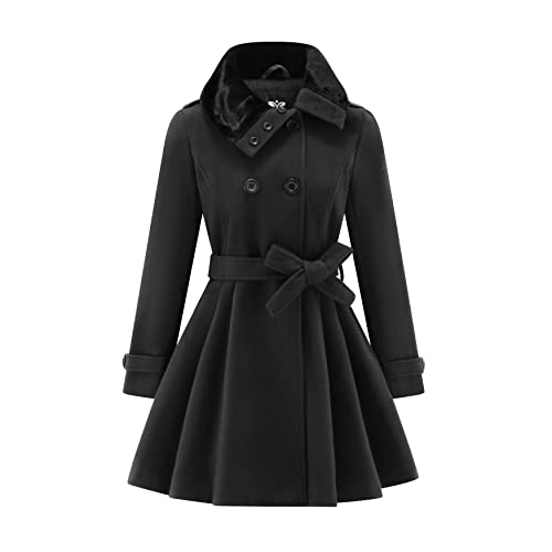 GGleaf Women's Fashion Faux Fur Lapel Double-Breasted Thick Woolblend Trench Coat Black X-Large