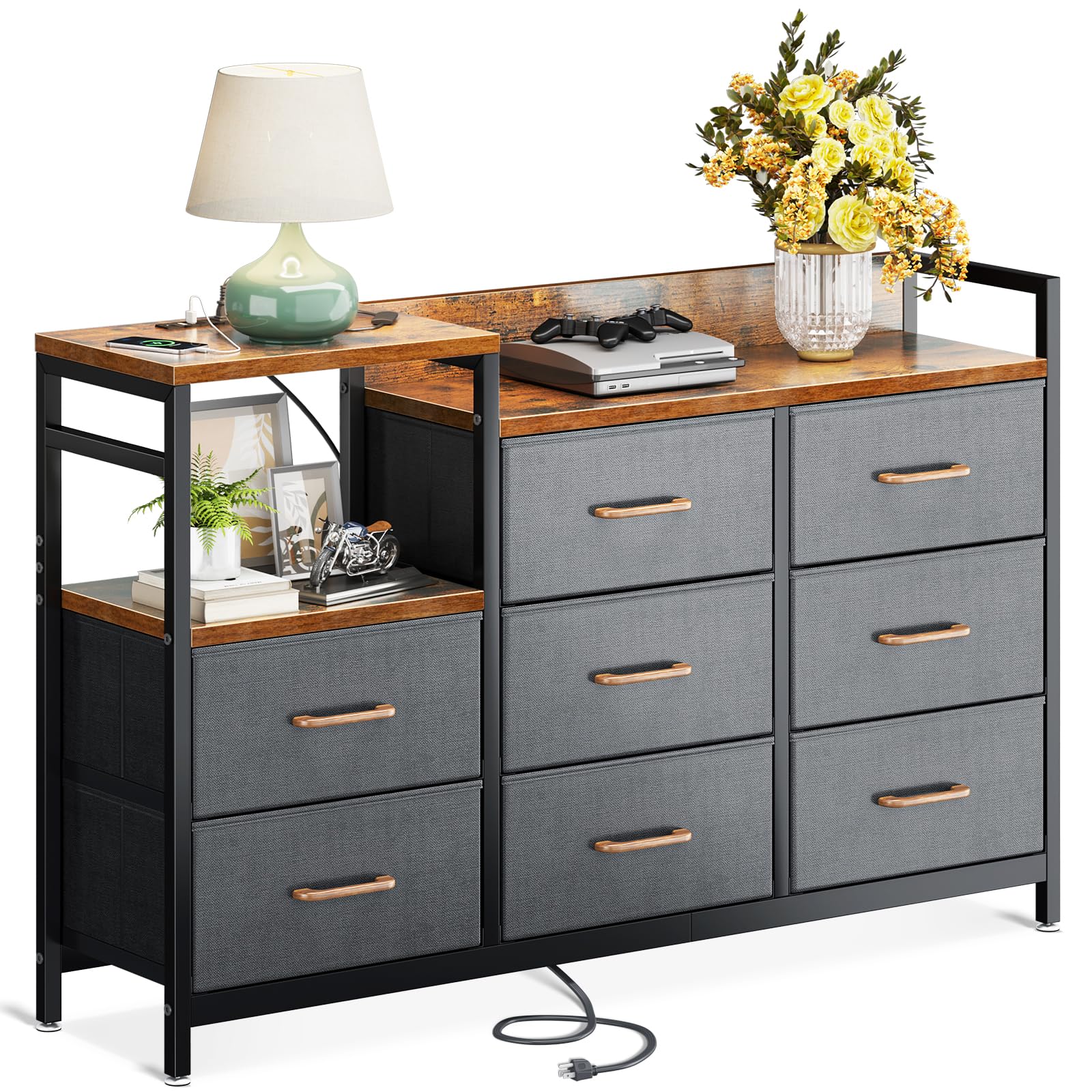 ODK Dresser with Charging Station, 52-Inch Long Dresser for Bedroom with 8 Storage Drawers, Fabric Dressers Chests of Drawers with Sturdy Steel Frame and Wooden Top, Vintage and Dark Grey