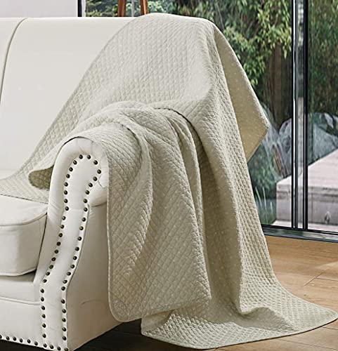 100% Cotton Quilted Throw Decorative Throw Blanket Multi Color Super Soft Warm Indian Vintage Reversible Quilt for Sofa and Couch 50"x57" (Cross Beige)