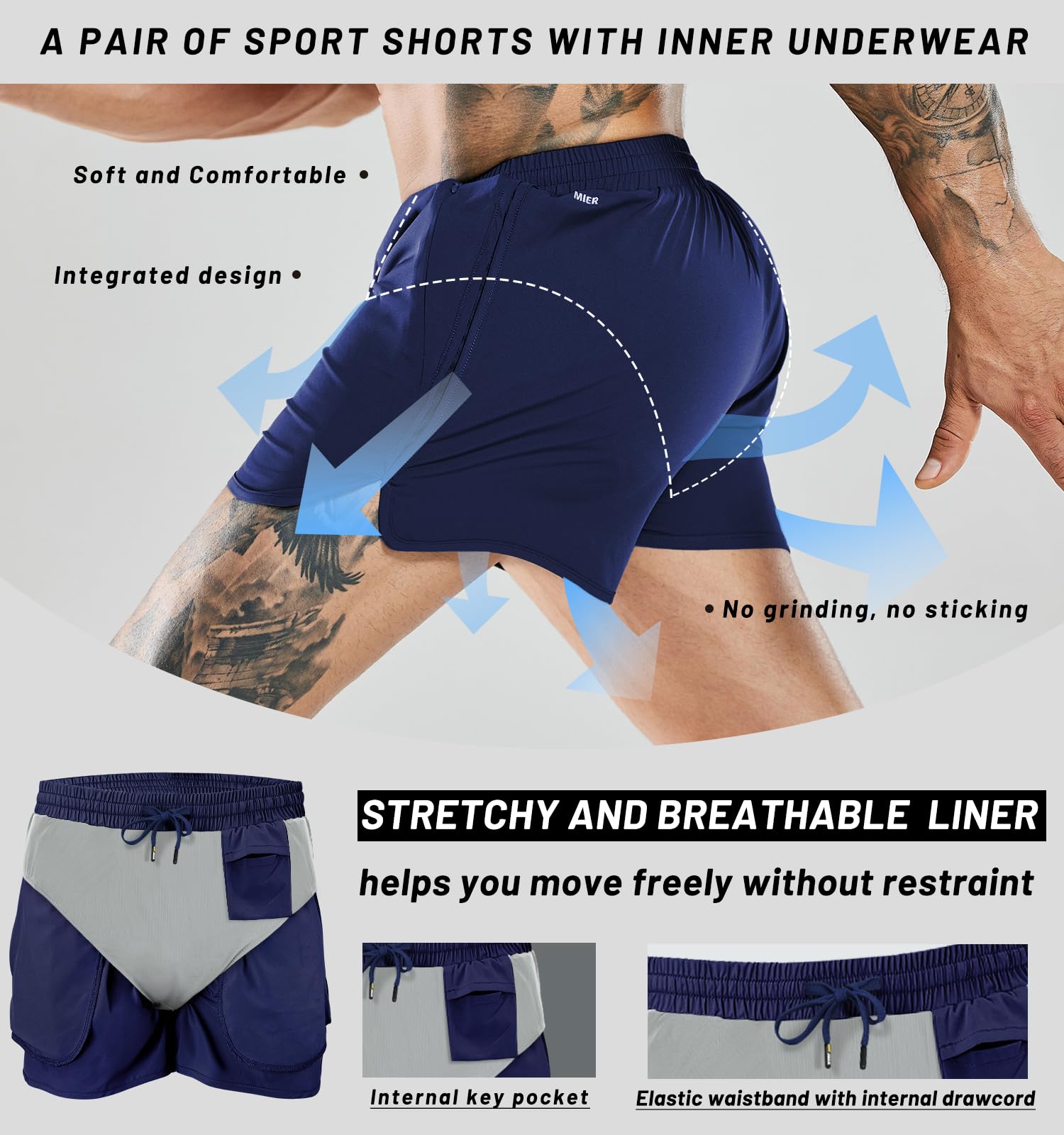 MIER Men's 3 Inches Athletic Running Shorts Built-in Liner Water Resistance Cool Dry Gym Exercise Jogging Track Shorts Zippered Pockets Navy M
