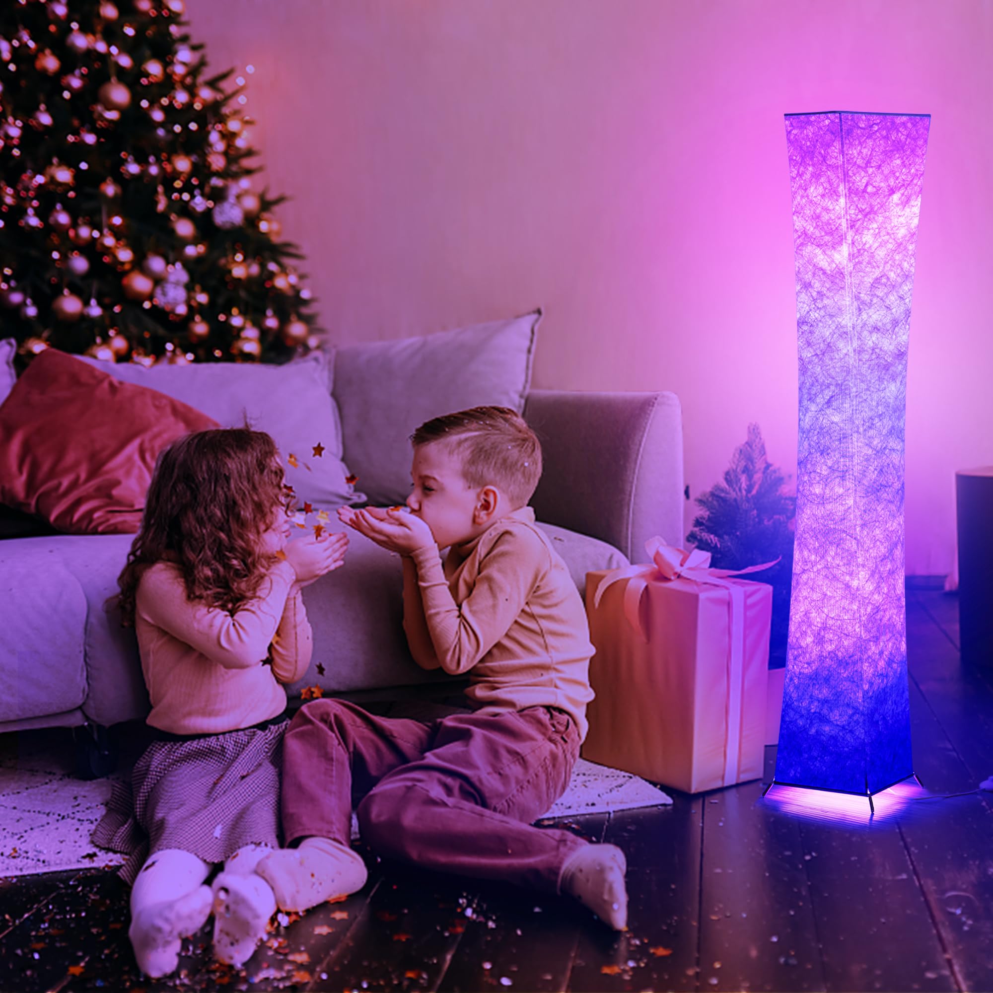 chiphy Floor Lamp, RGB Color Changing and Dimmable LED Lamp, Smart WiFi Bulbs Compatible with Alexa & Google Assistant, 64" Tall White Fabric Shade Light, Modern for Living Room, Bedroom, Game Room