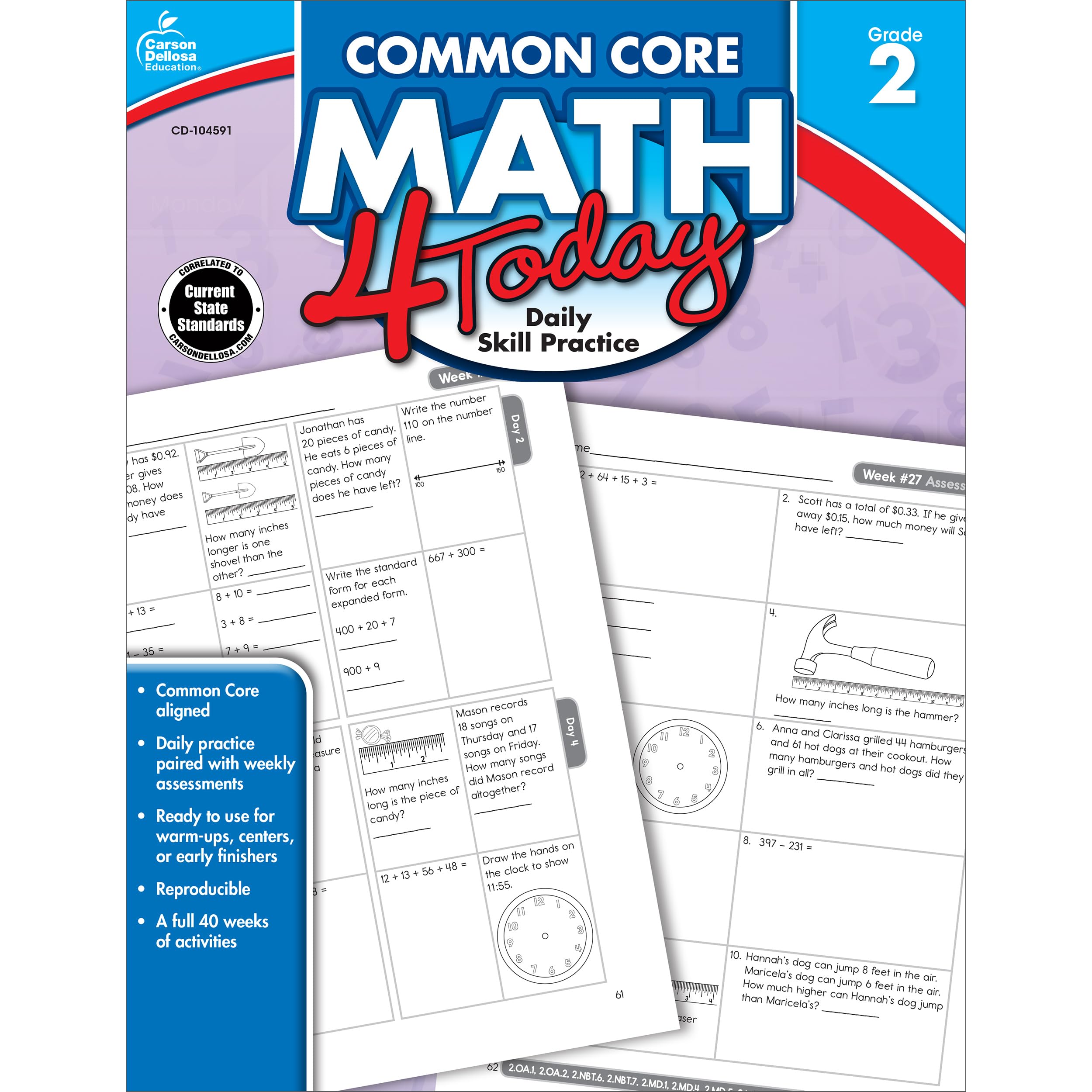 Carson Dellosa Common Core 4 Today Workbook, Math, Grade 2, 96 Pages (CDP104591)