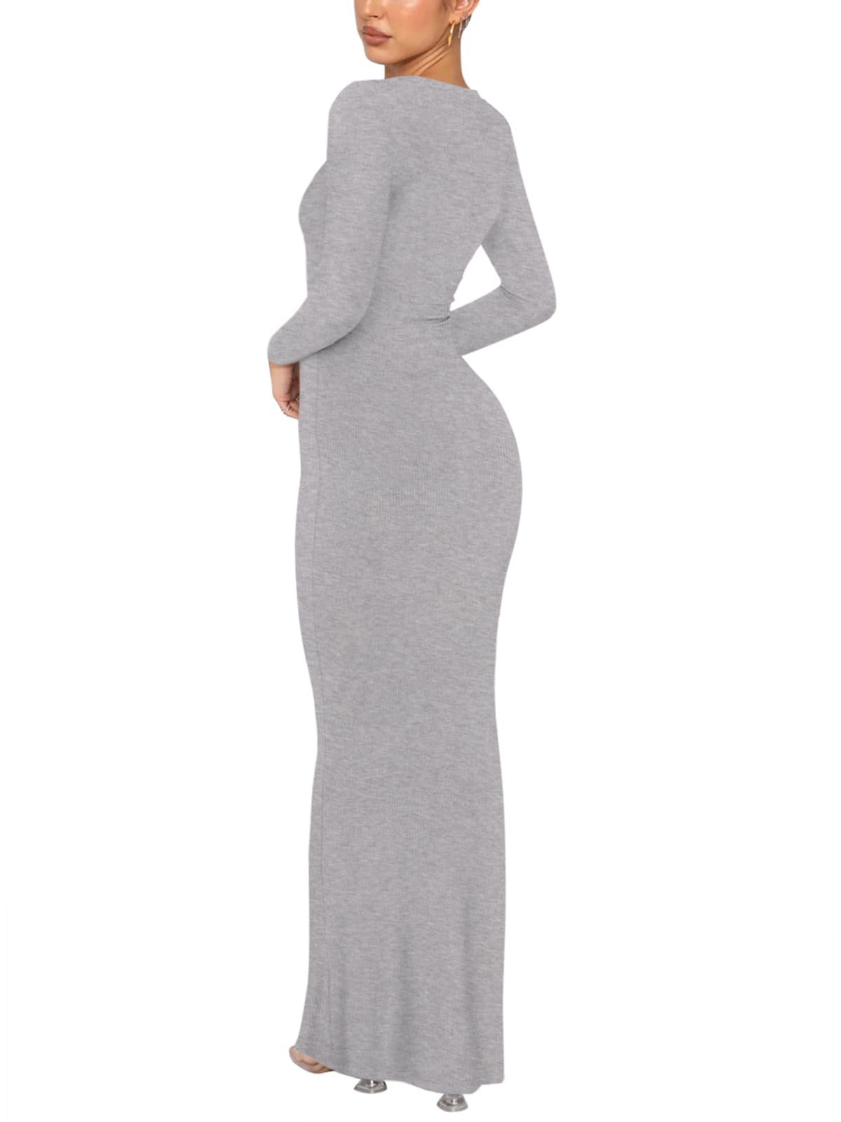 REORIA Women's Sexy Casual Crew Neck Lounge Slimming Long Dress Elegant Wedding Guest Long Sleeve Ribbed Bodycon Maxi Dresses Light Grey Small