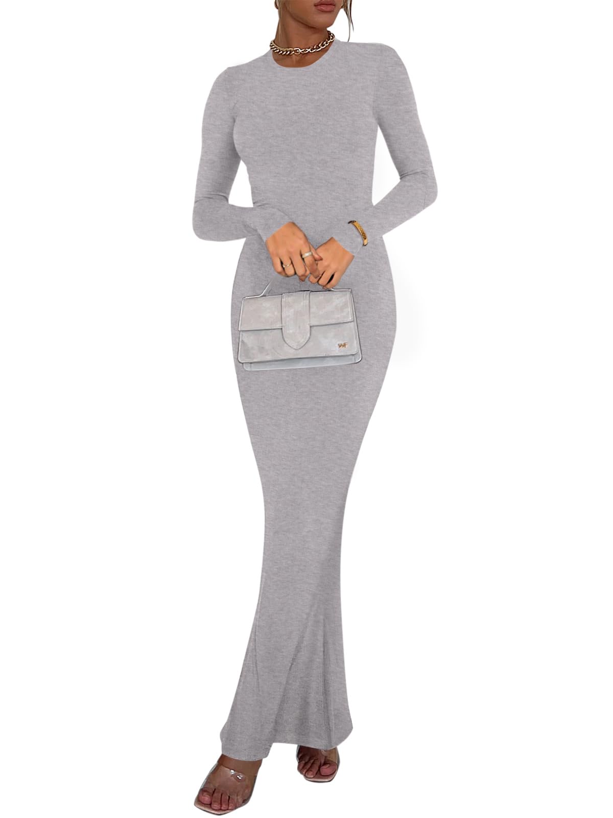 REORIA Women's Sexy Casual Crew Neck Lounge Slimming Long Dress Elegant Wedding Guest Long Sleeve Ribbed Bodycon Maxi Dresses Light Grey Small