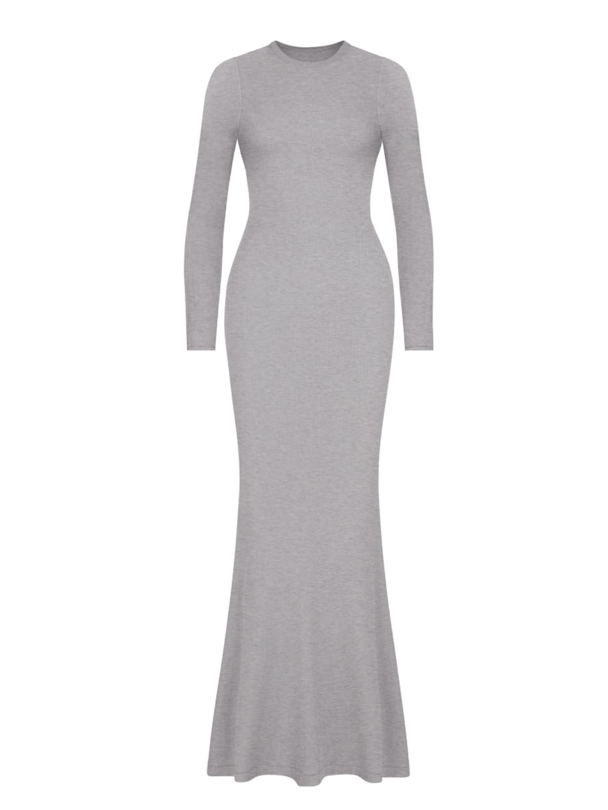 REORIA Women's Sexy Casual Crew Neck Lounge Slimming Long Dress Elegant Wedding Guest Long Sleeve Ribbed Bodycon Maxi Dresses Light Grey Small