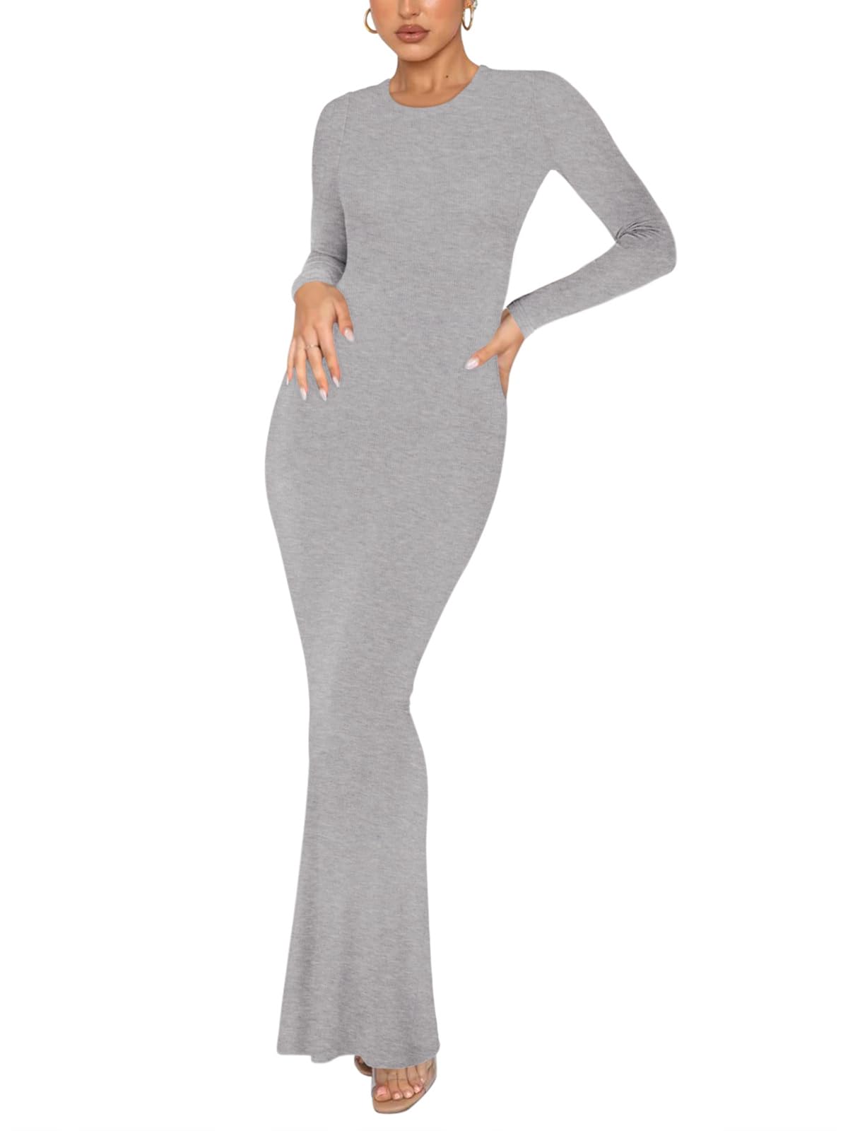 REORIA Women's Sexy Casual Crew Neck Lounge Slimming Long Dress Elegant Wedding Guest Long Sleeve Ribbed Bodycon Maxi Dresses Light Grey Small